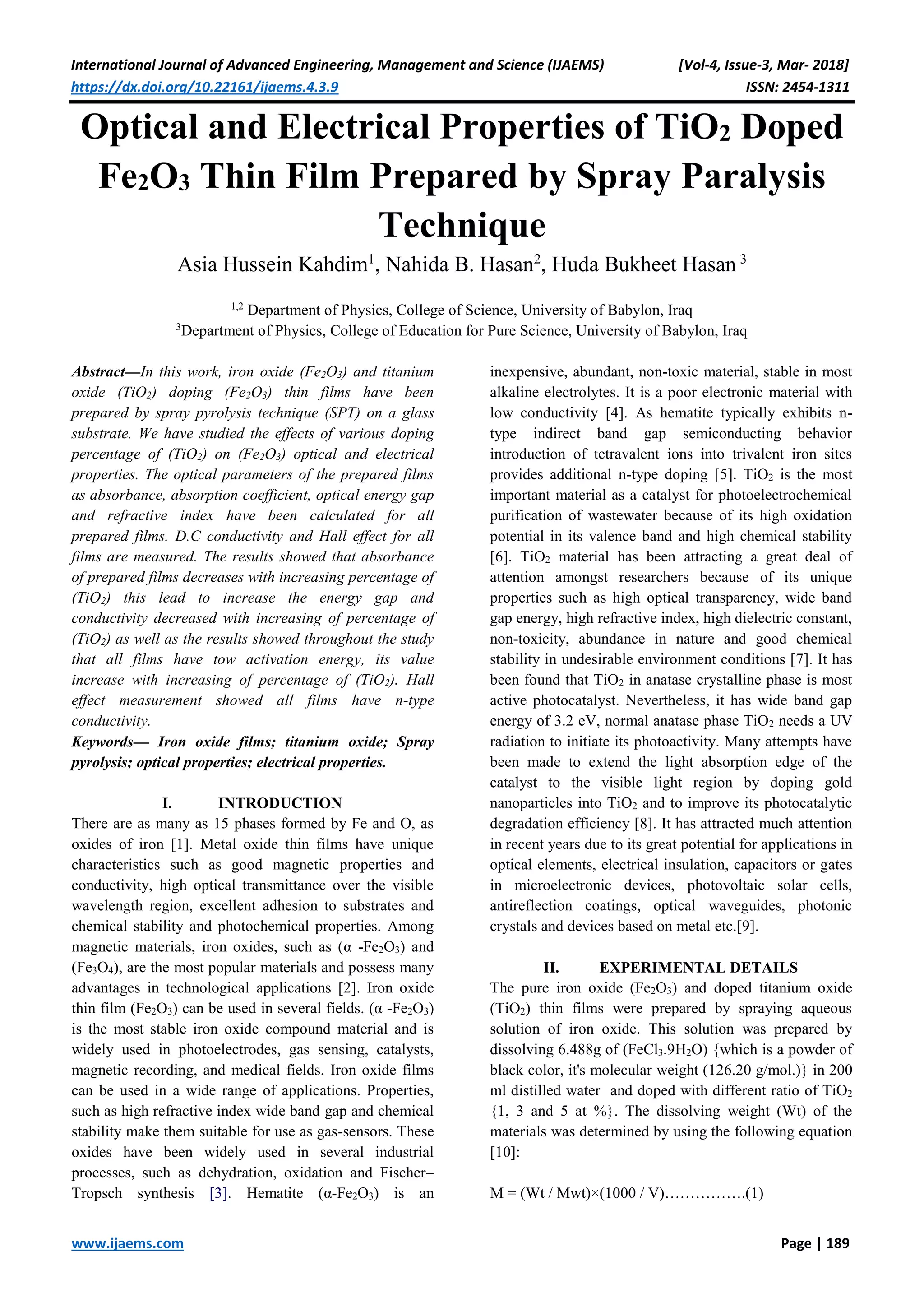 Optical and Electrical Properties of TiO2 Doped Fe2O3 Thin Film Prepared by Spray Paralysis ...