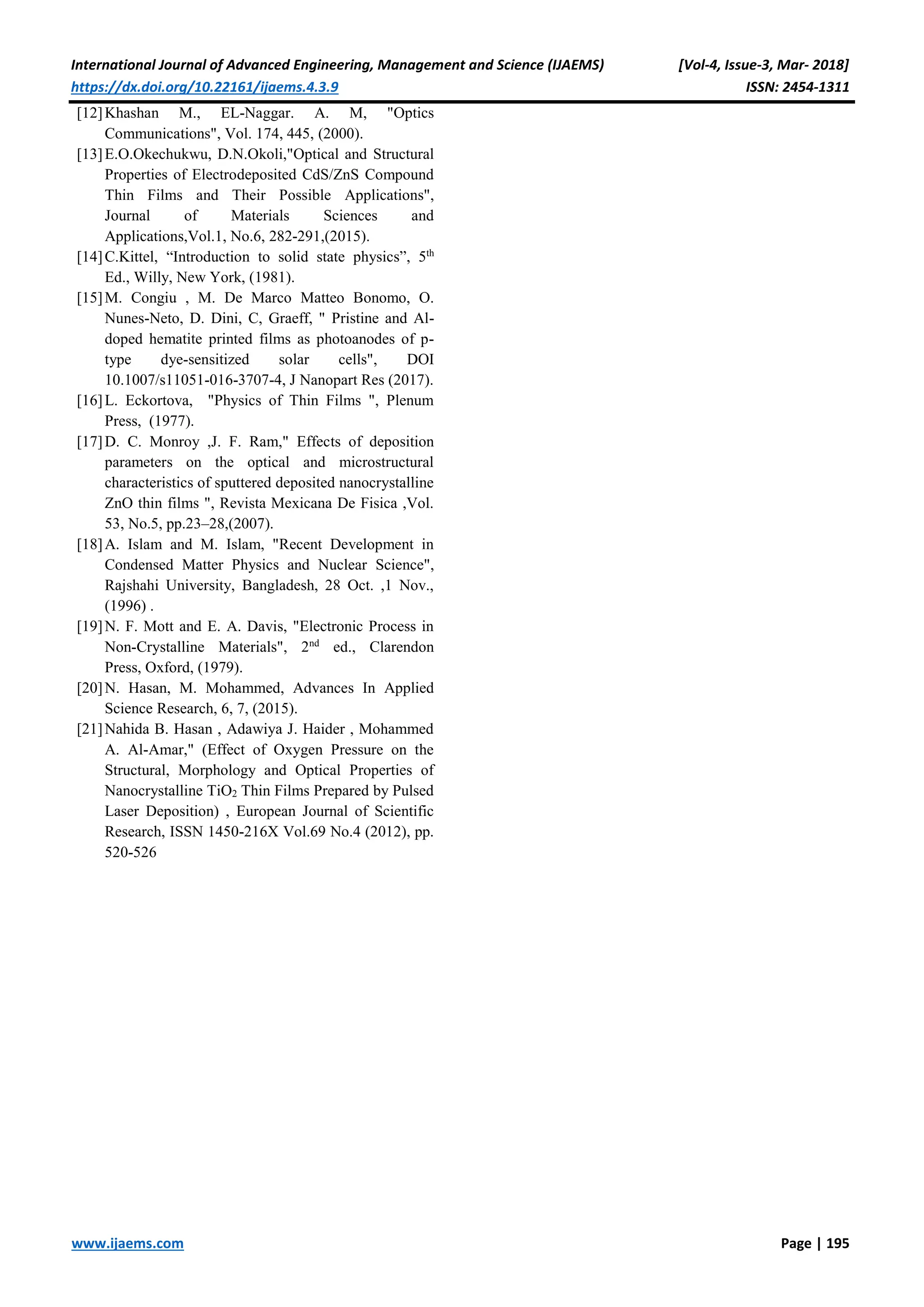 Optical and Electrical Properties of TiO2 Doped Fe2O3 Thin Film Prepared by Spray Paralysis ...