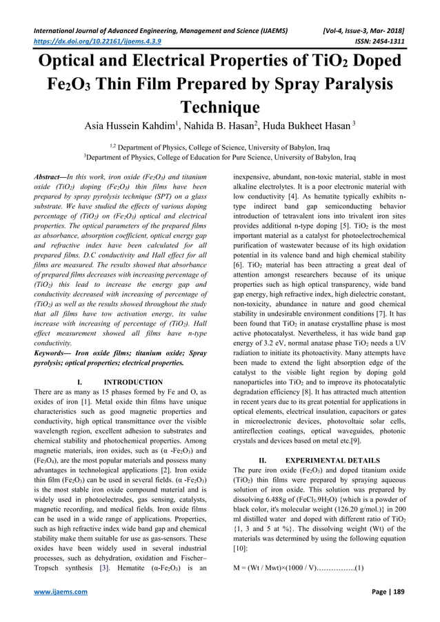 Optical and Electrical Properties of TiO2 Doped Fe2O3 Thin Film Prepared by Spray Paralysis ...