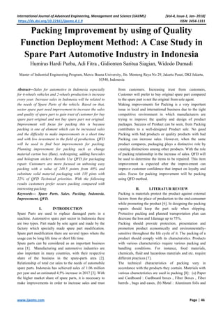 Packing Improvement by using of Quality Function Deployment Method: A Case Study in Spare Part ...