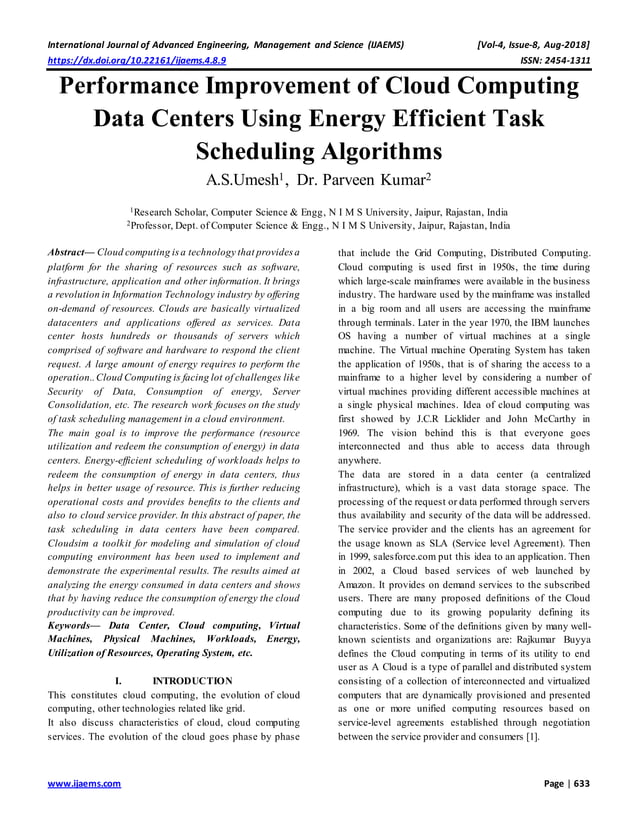 Performance Improvement of Cloud Computing Data Centers Using Energy Efficient Task Scheduling ...