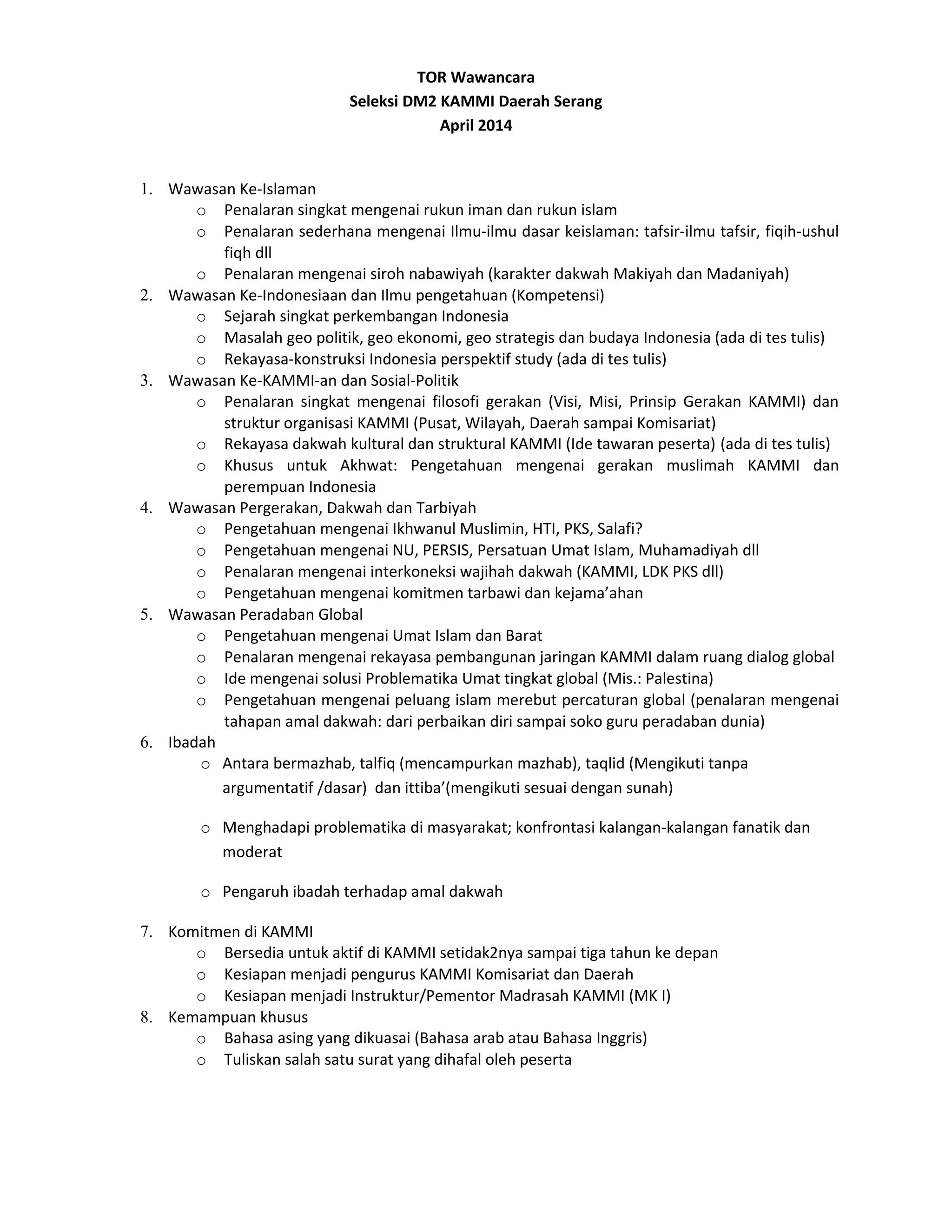 Tor wawancara seleksi dm2 | DOC