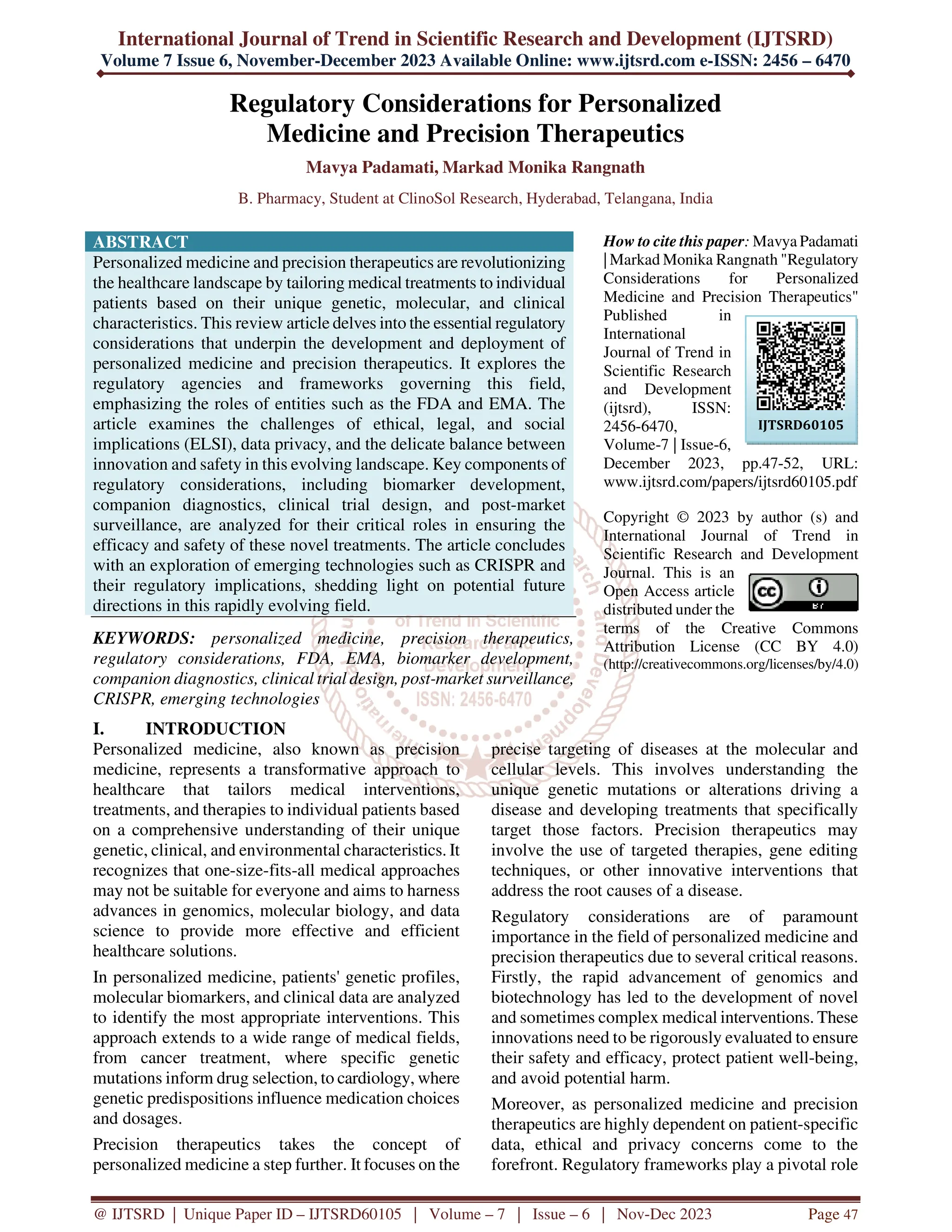 Regulatory Considerations for Personalized Medicine and Precision ...