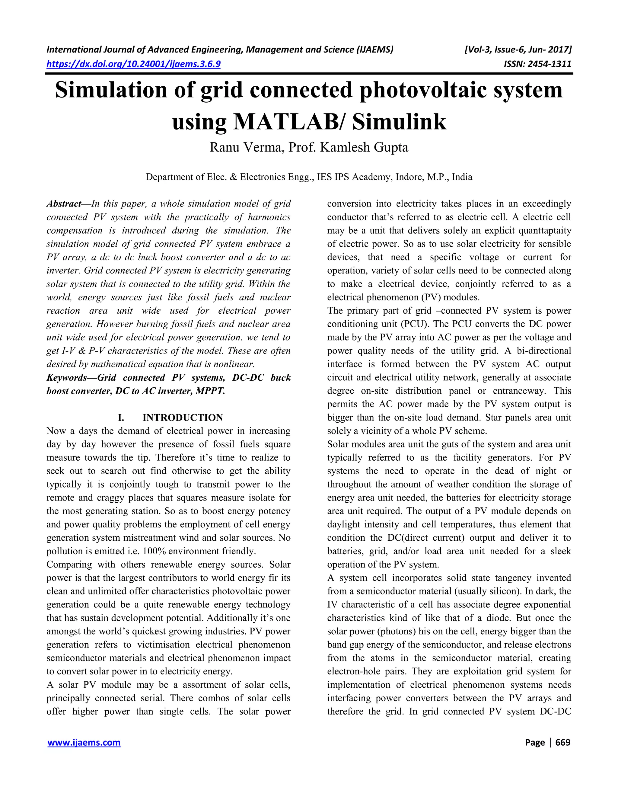 Simulation Of Grid Connected Photovoltaic System Using Matlab Simulink Pdf