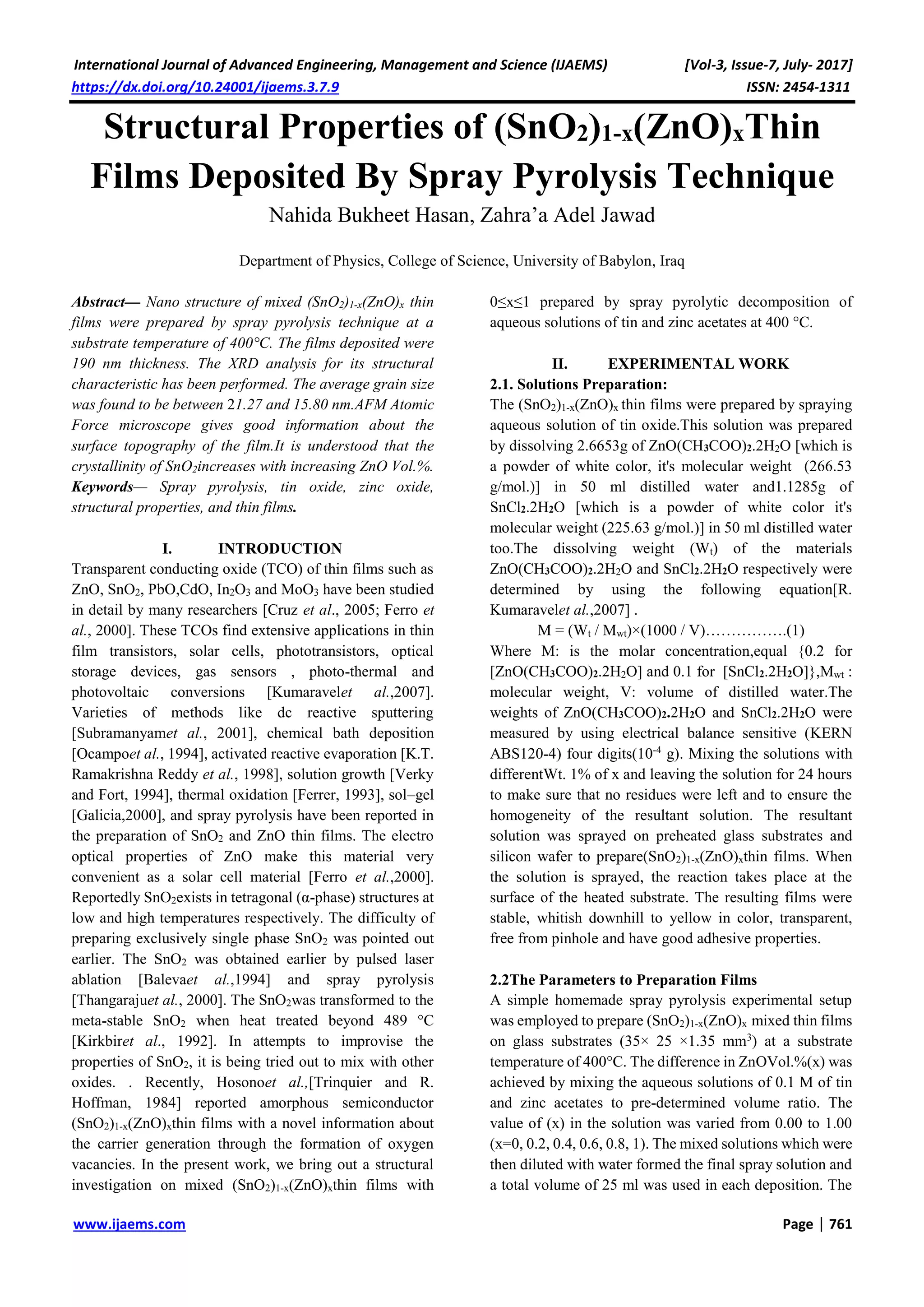 Structural Properties of (SnO2)1-x(ZnO)xThin Films Deposited By Spray ...
