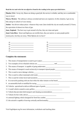 9th Characteristics of the means of transportation | PDF