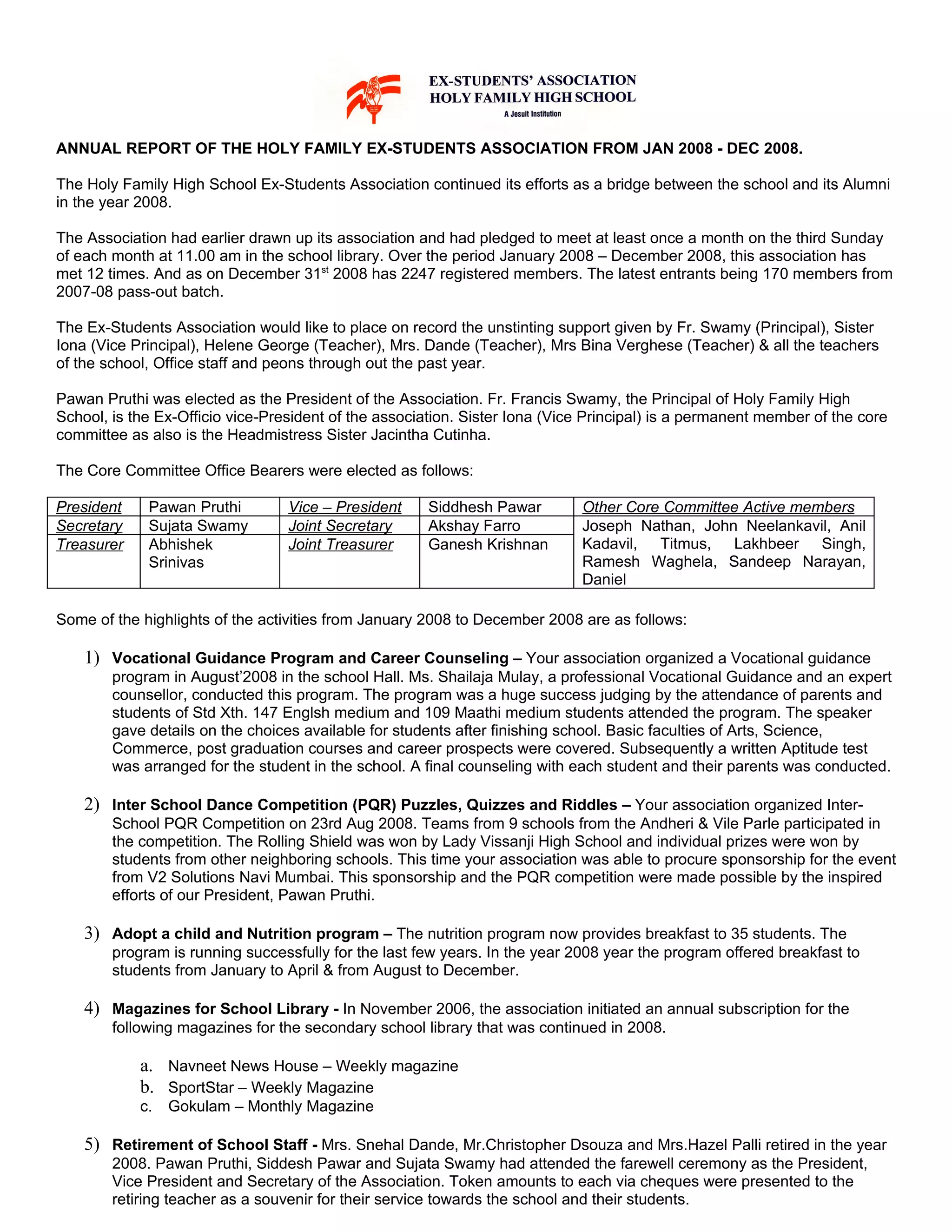 Holy Family Ex-Students Association - Annual Report January - December 2008 | DOC