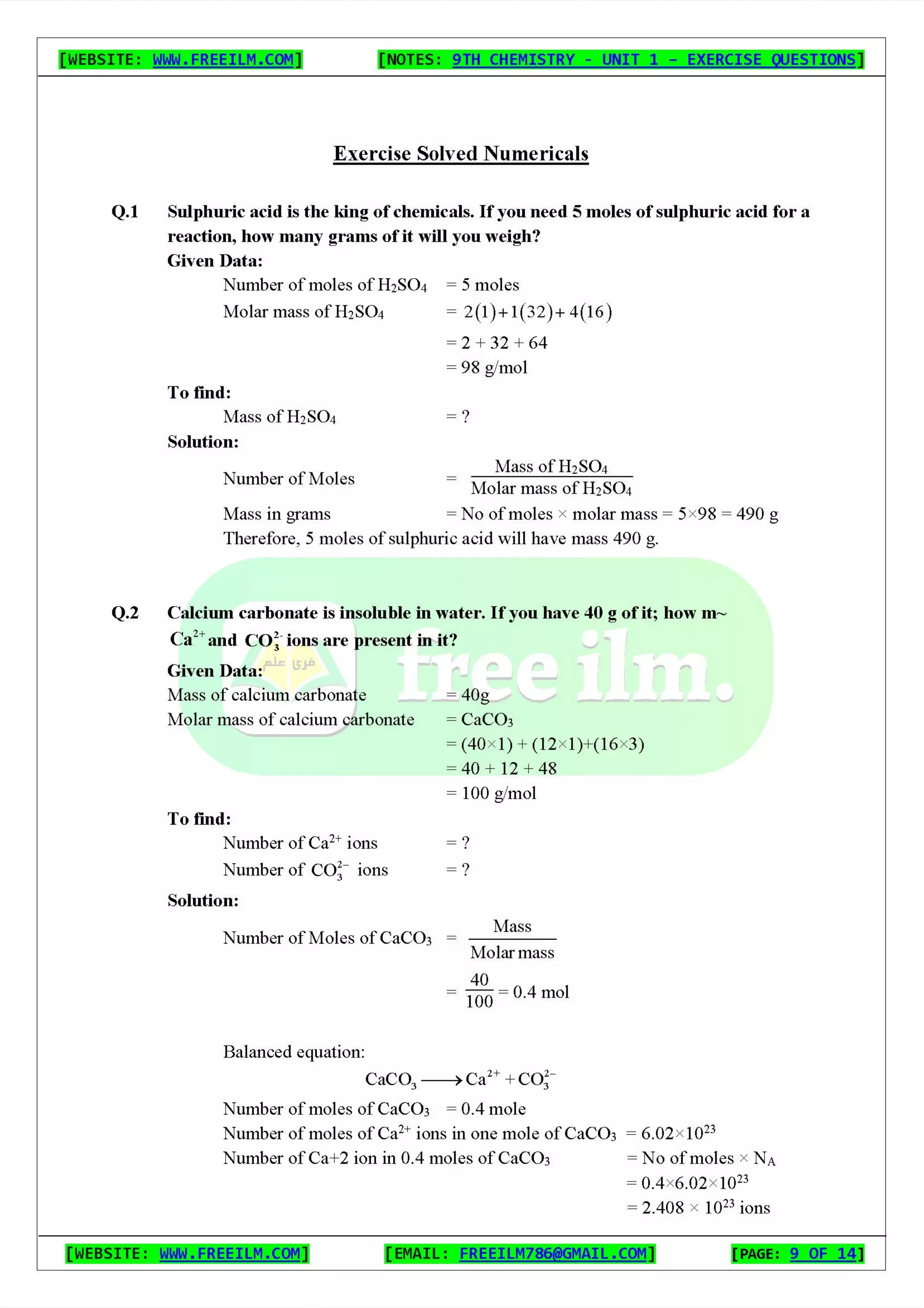 9th Chemistry Numericals 1st Chapter | PDF