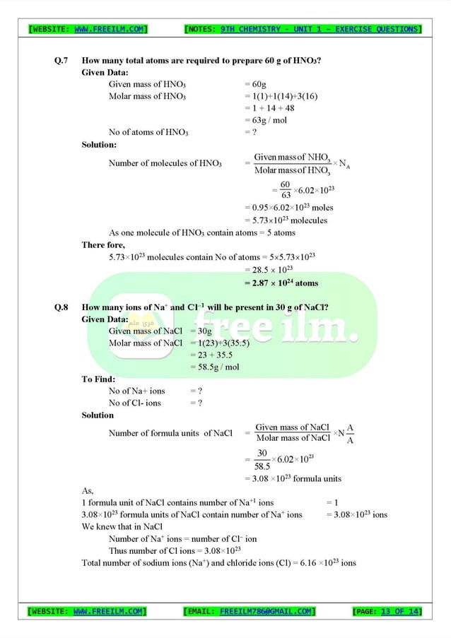 9th Chemistry Numericals 1st Chapter | PDF