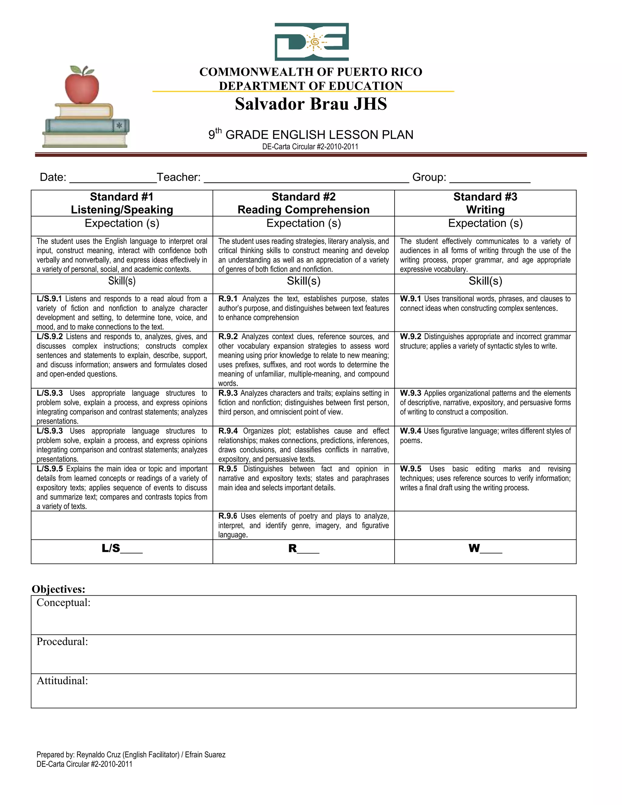 9th Grade English lesson Plan - PR | DOCX