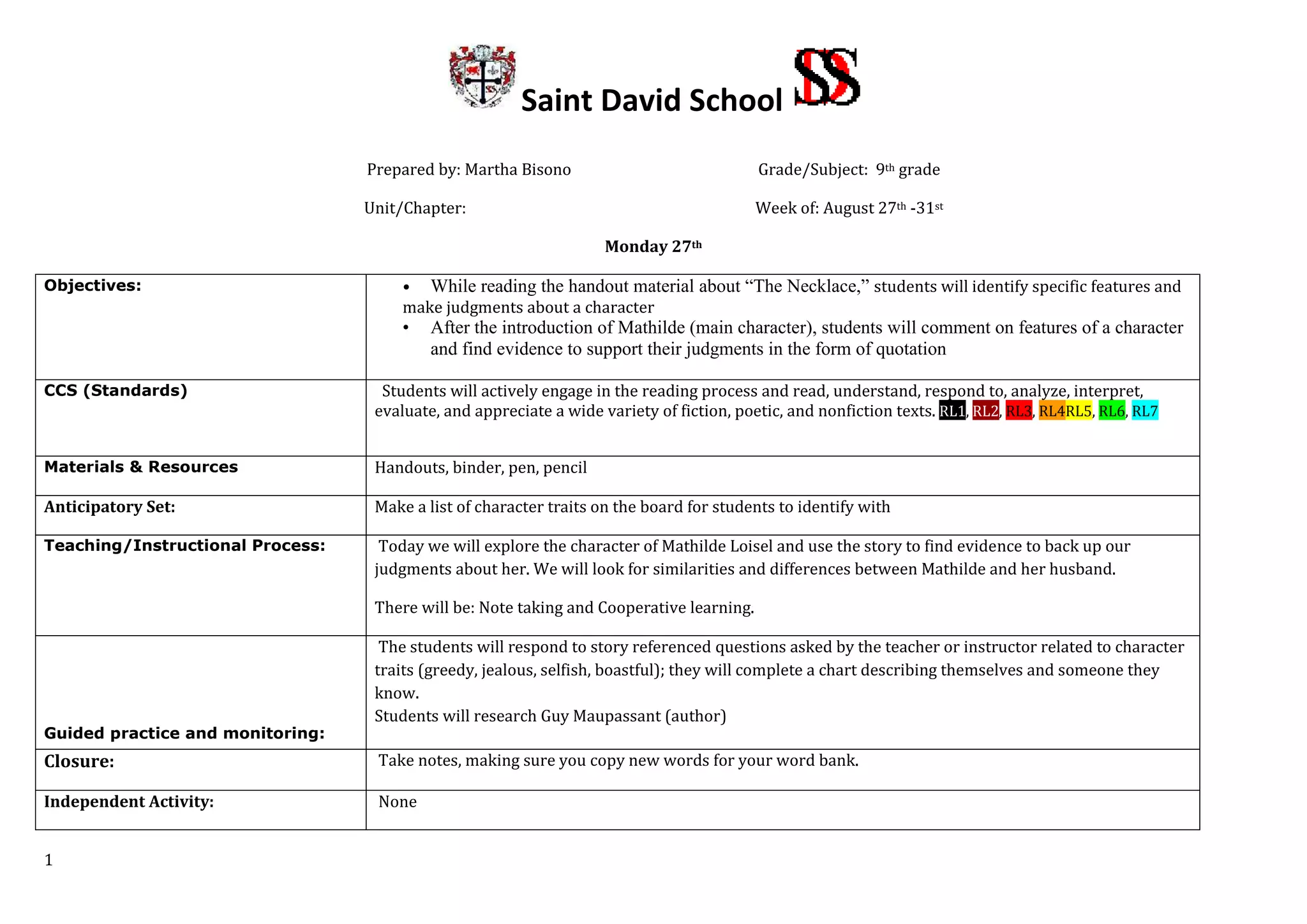 9th grade lesson planning 2013 | DOCX