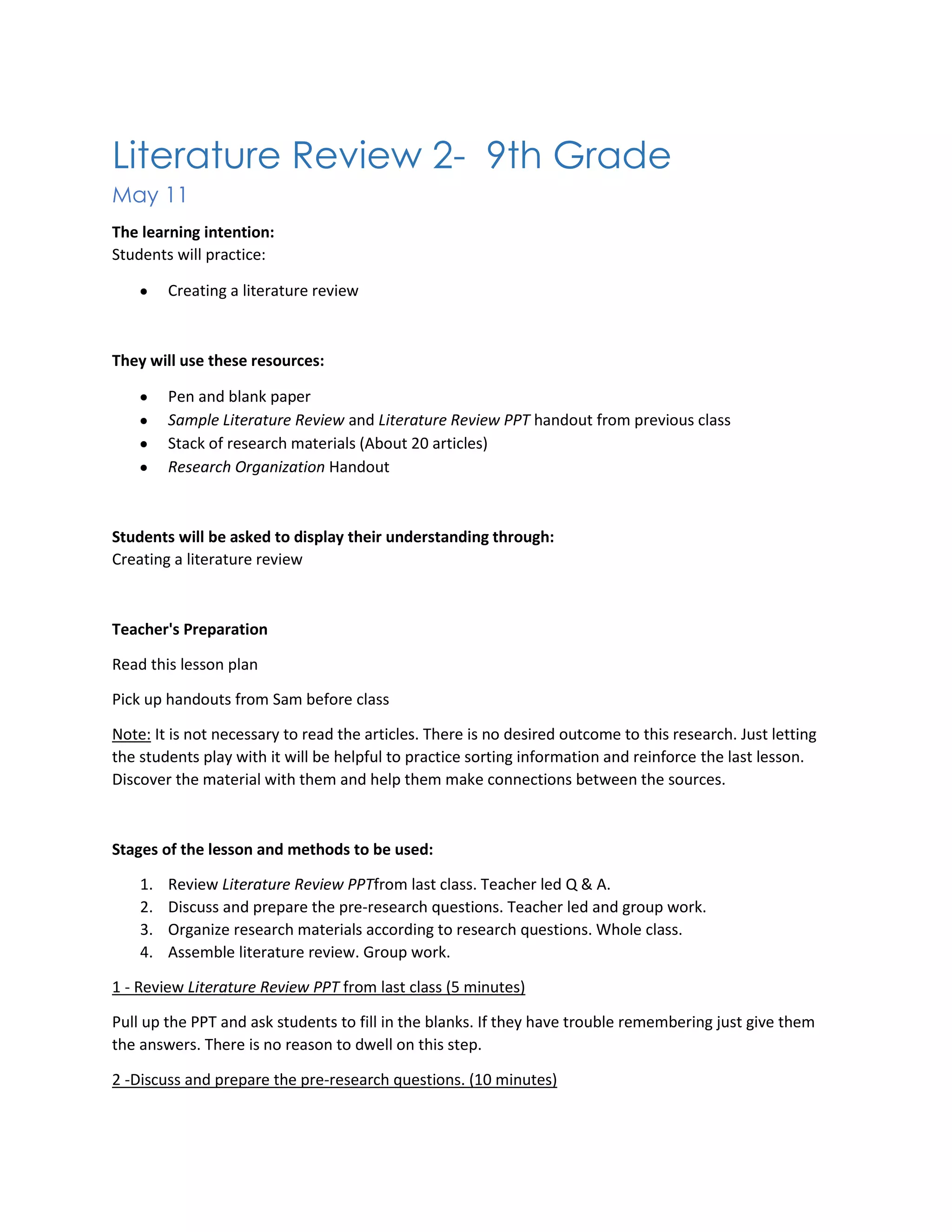 Literature Review Lesson Plan | DOCX