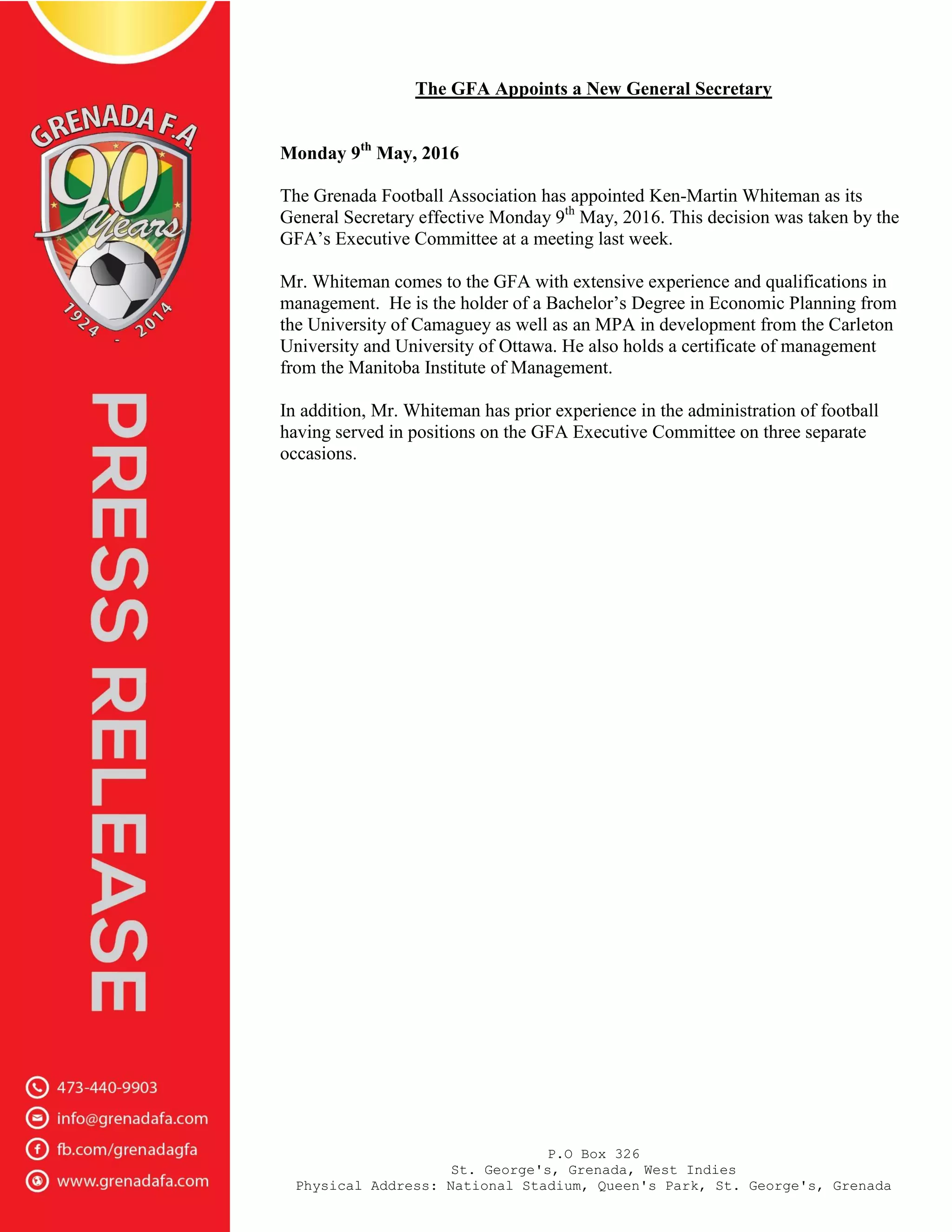 9th May 2016 New GFA General Secretary | PDF