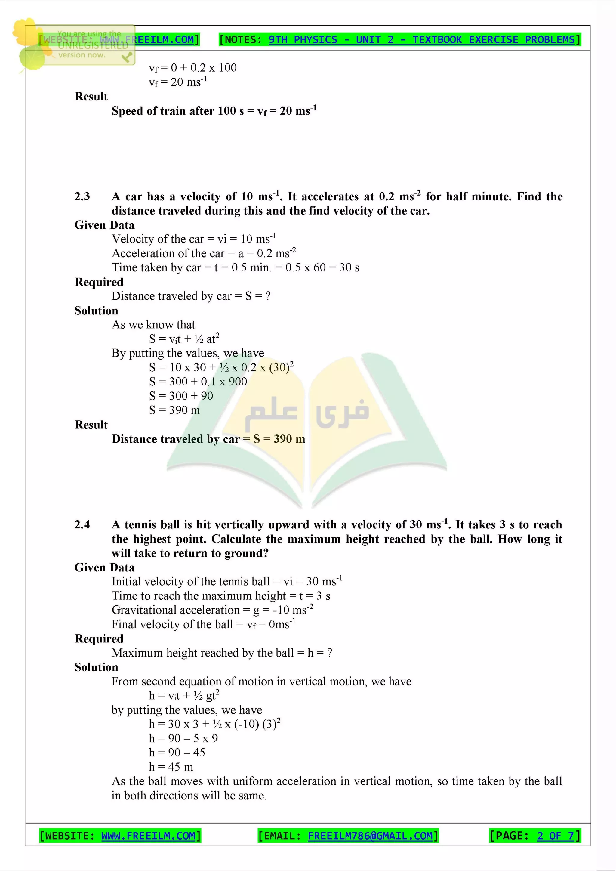 9th Phy Ch 2 Numericals.pdf | Physics | Science