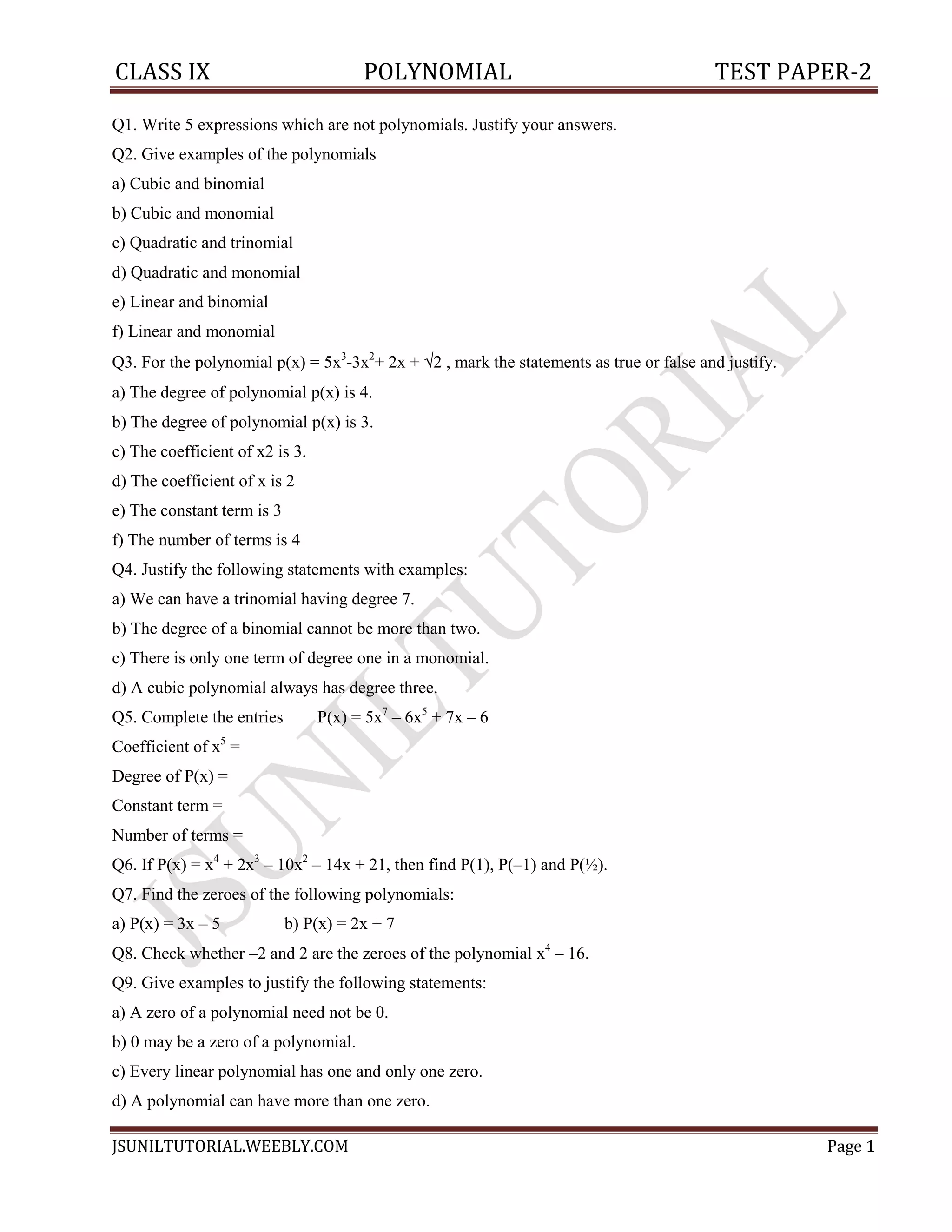 9th polynomial test_paper-2 | PDF | Physics | Science