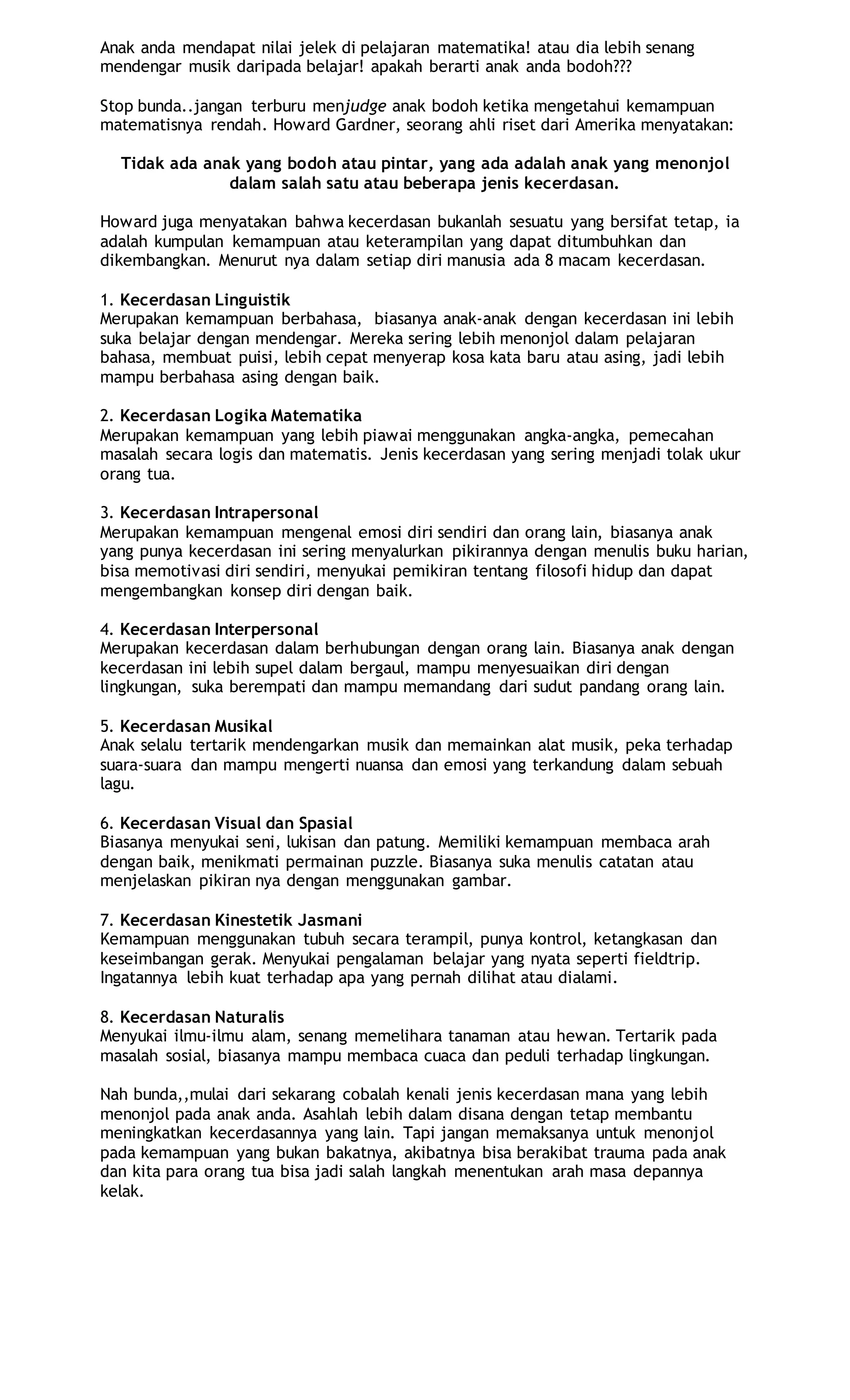 9 tipe kecerdasan anak | DOCX