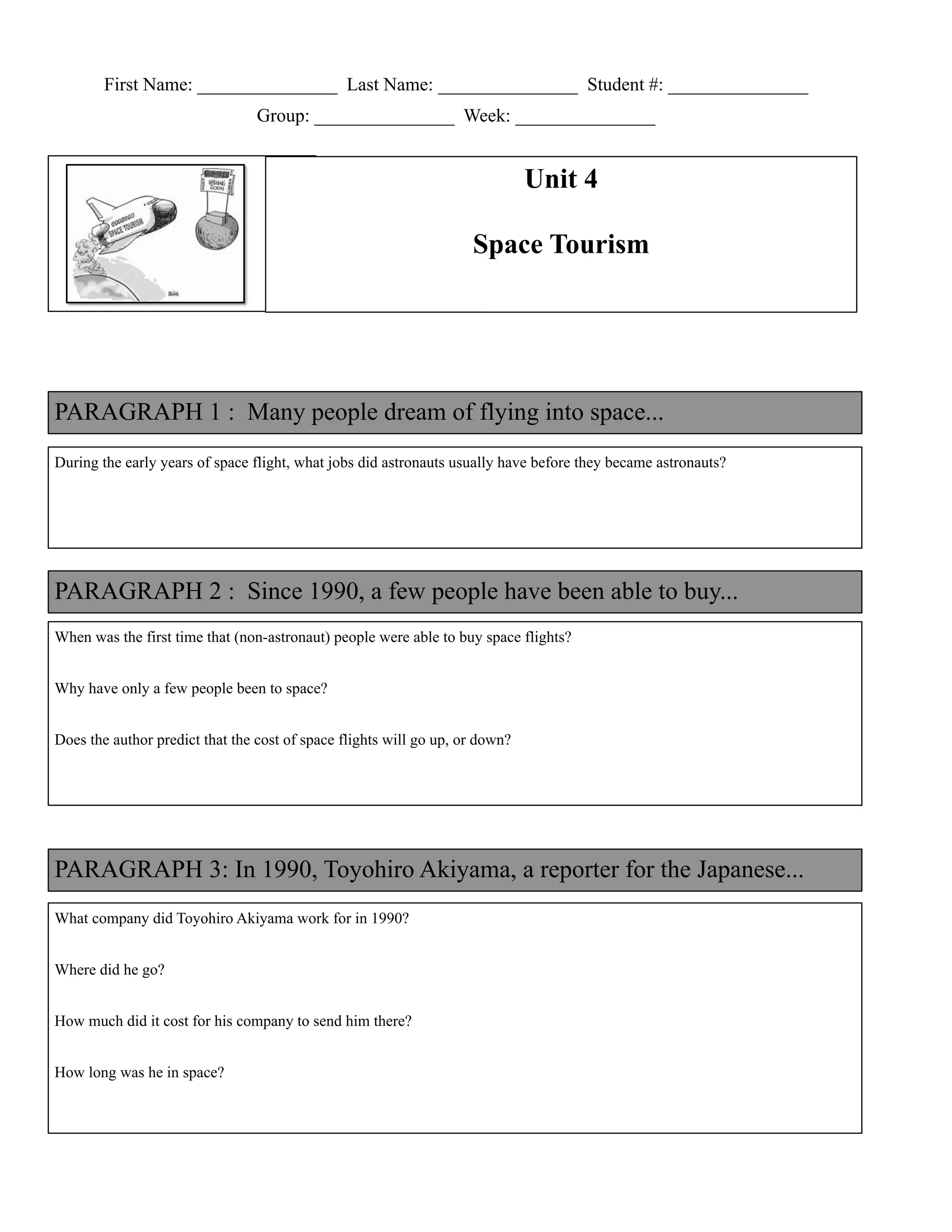 9 unit 4 space tourism worksheet | PDF