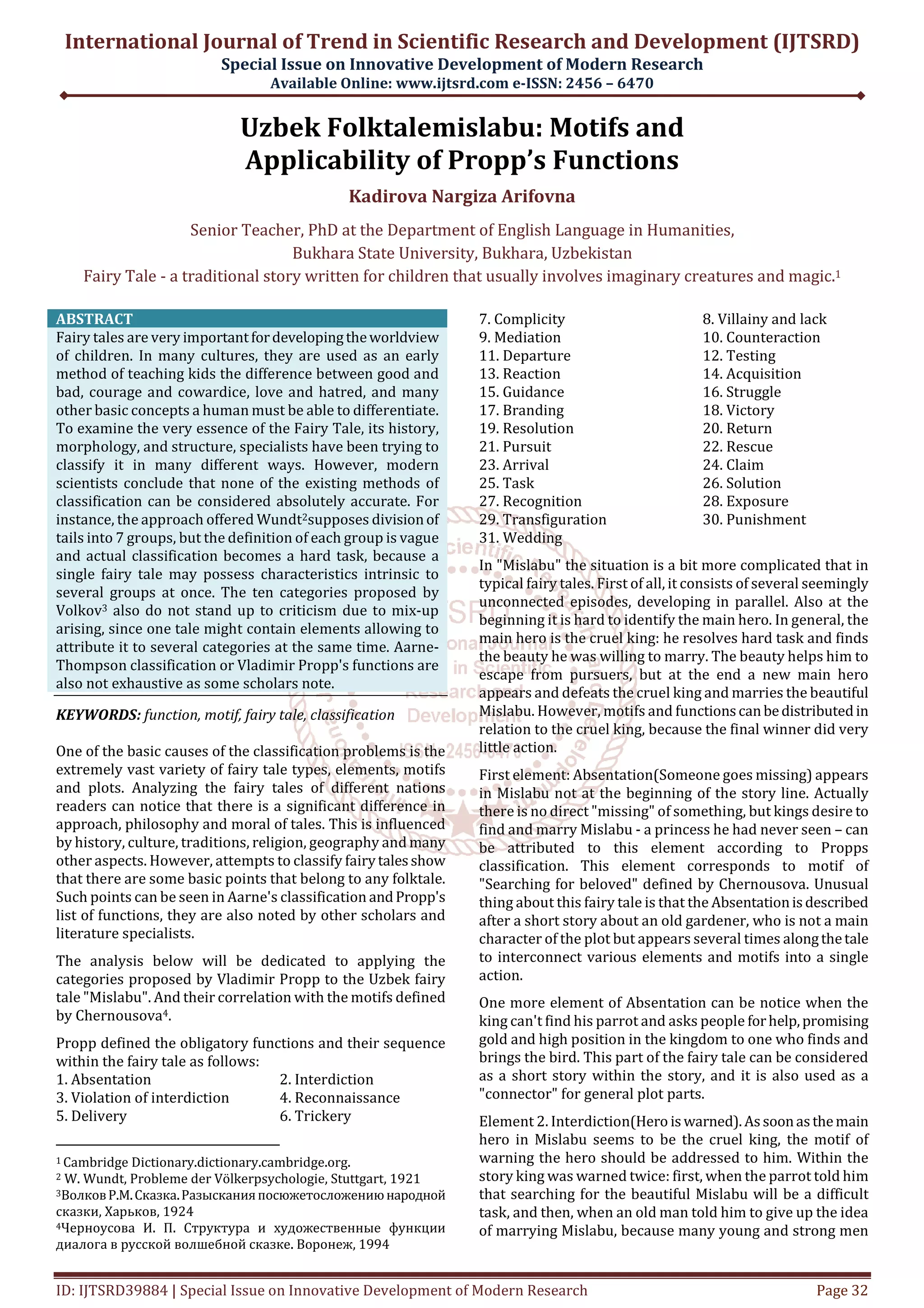 Uzbek Folktalemislabu Motifs and Applicability of Propp’s Functions | PDF