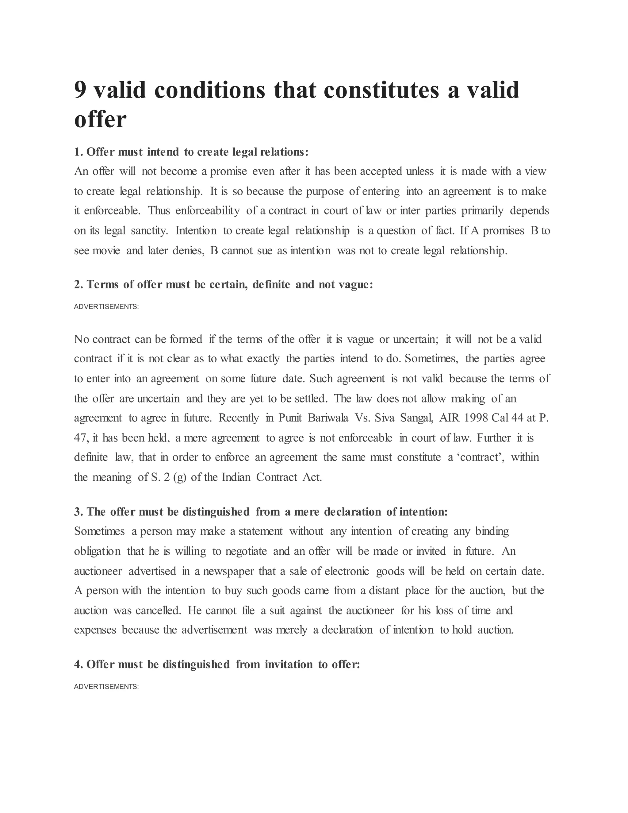 9 valid conditions that constitutes a valid offer | DOCX