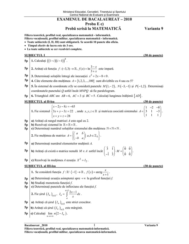 9 varianta oficiala bac matematica m1 2010 (prima sesiune) | PDF