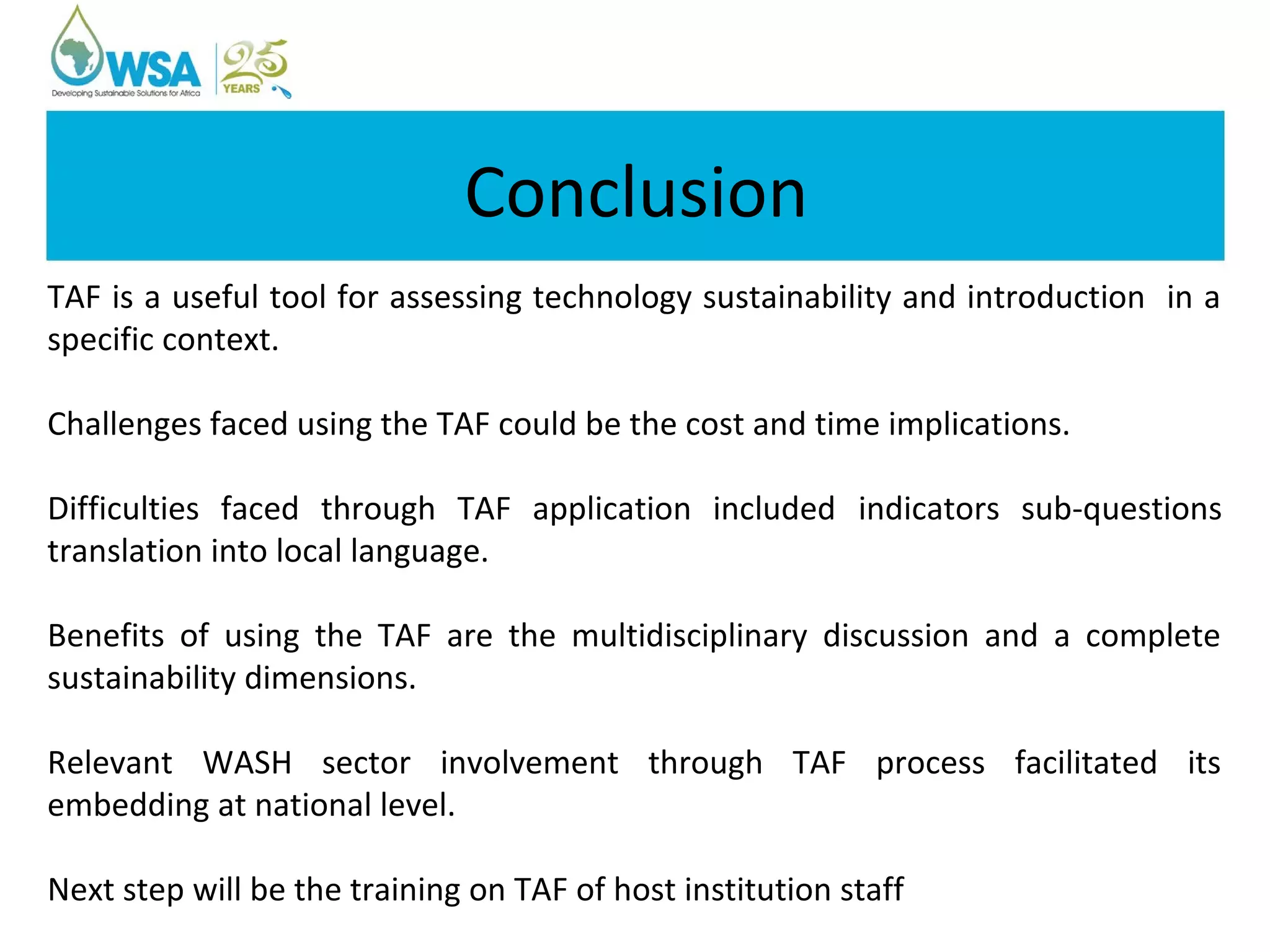 Using the Technology Applicability Framework (TAF) tool for Urine Dry ...