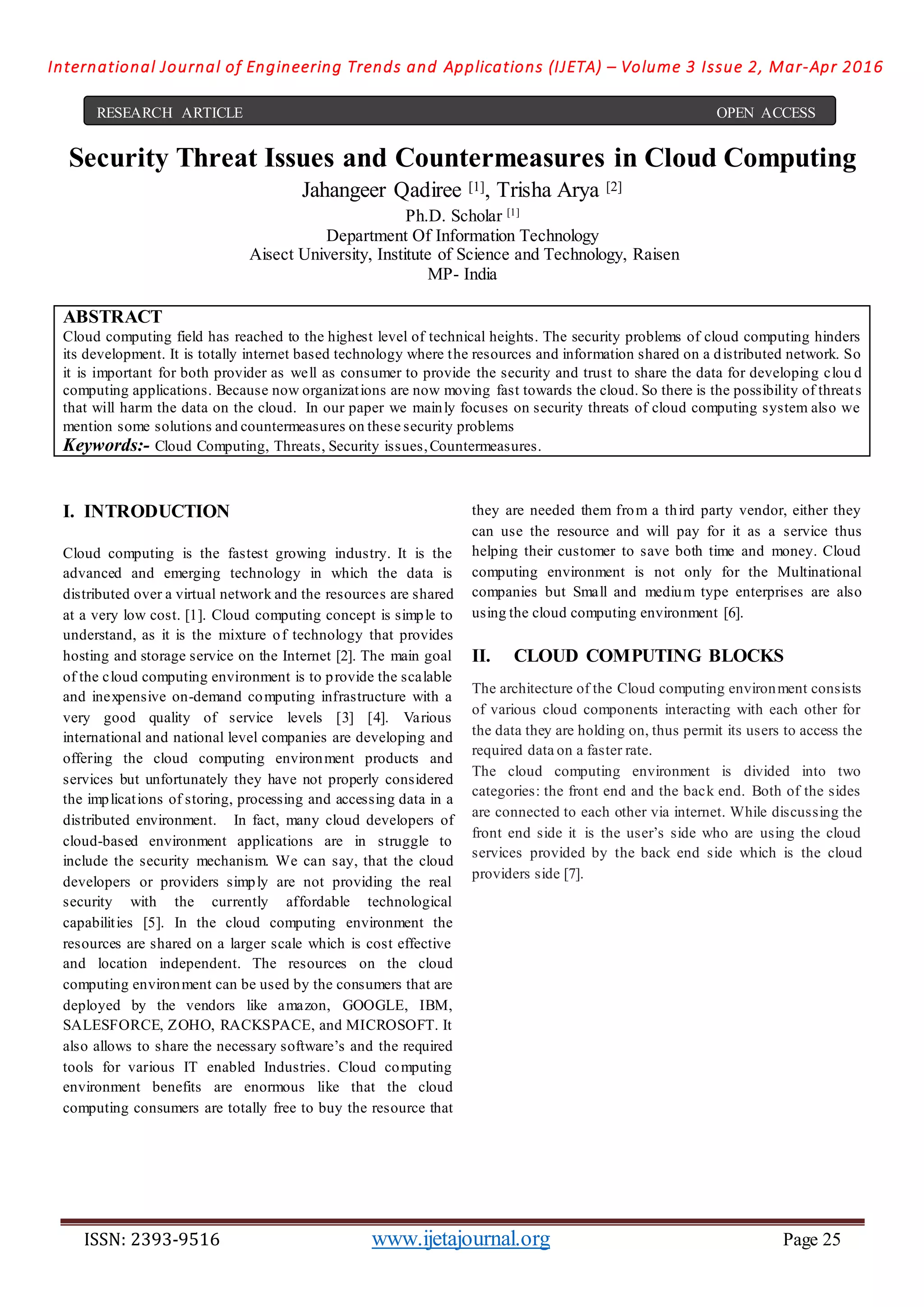 Security Threat Issues And Countermeasures In Cloud Computing Pdf