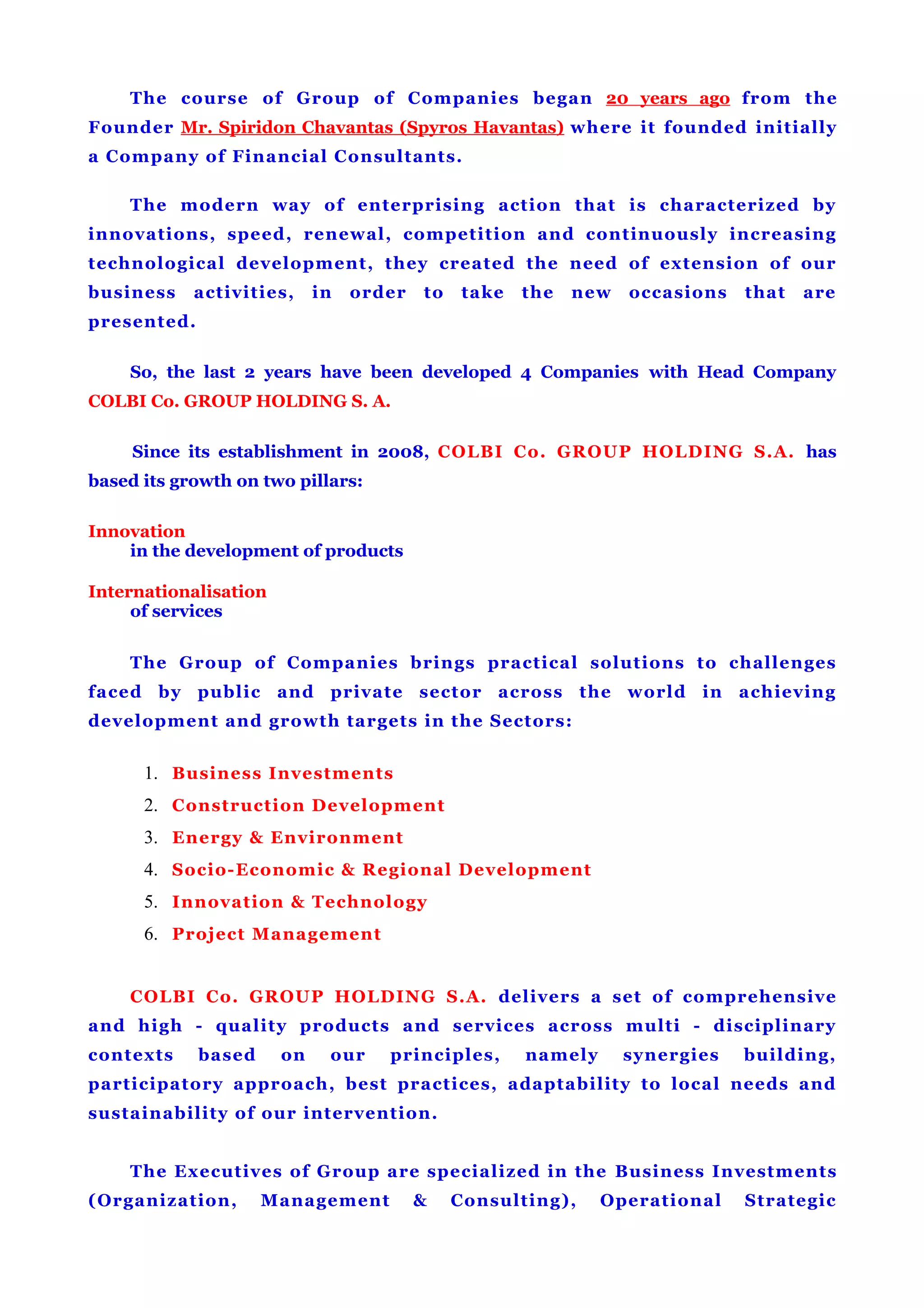 COLBI Co GROUP HOLDING S.A. ACTIVITIES | PDF