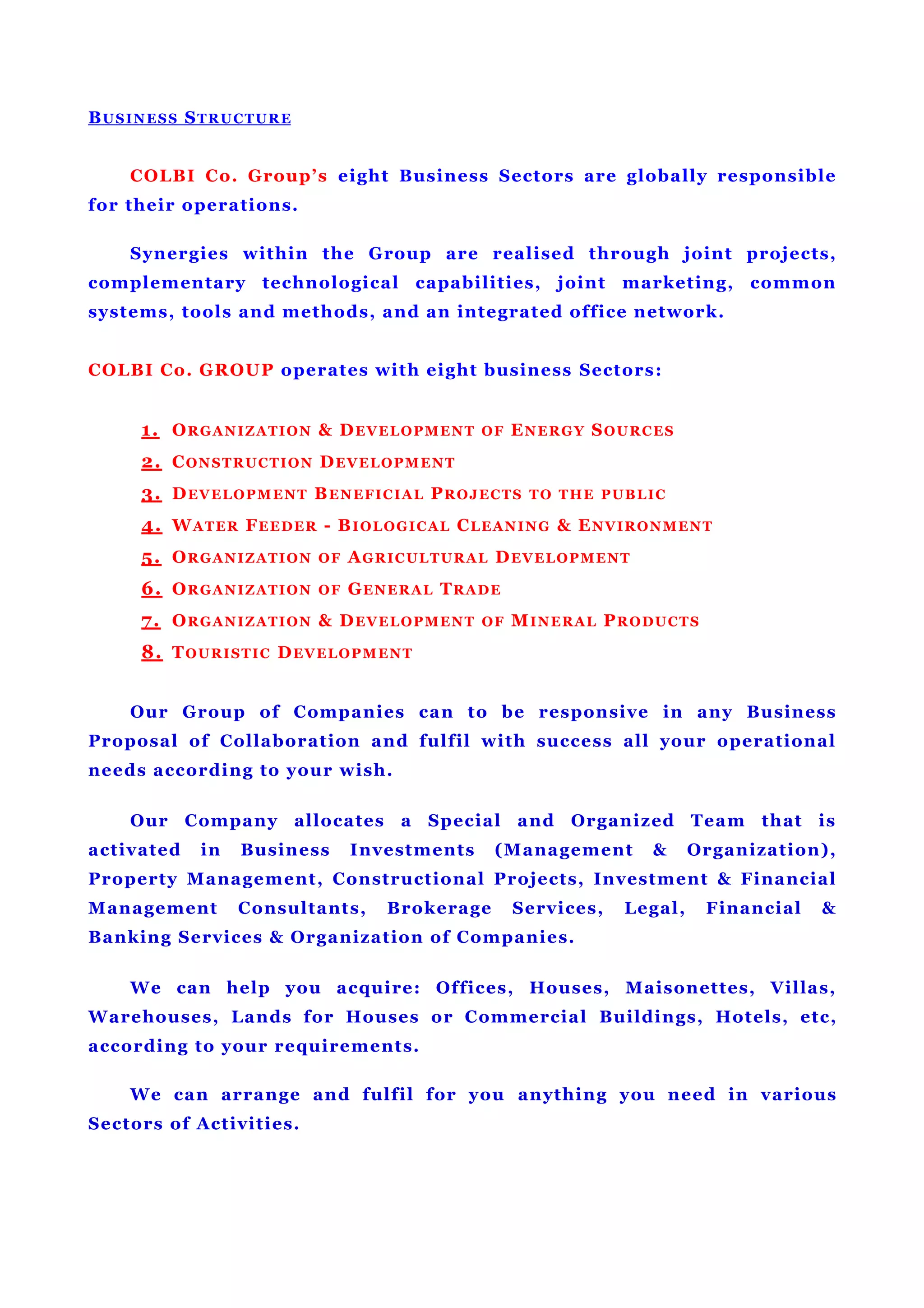 COLBI Co GROUP HOLDING S.A. ACTIVITIES | PDF