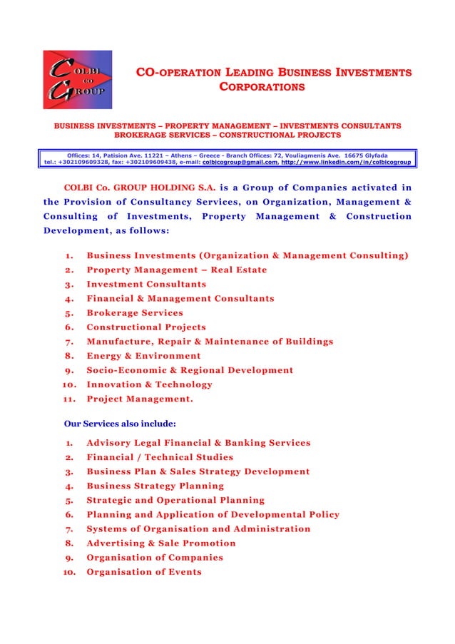 COLBI Co GROUP HOLDING S.A. ACTIVITIES | PDF