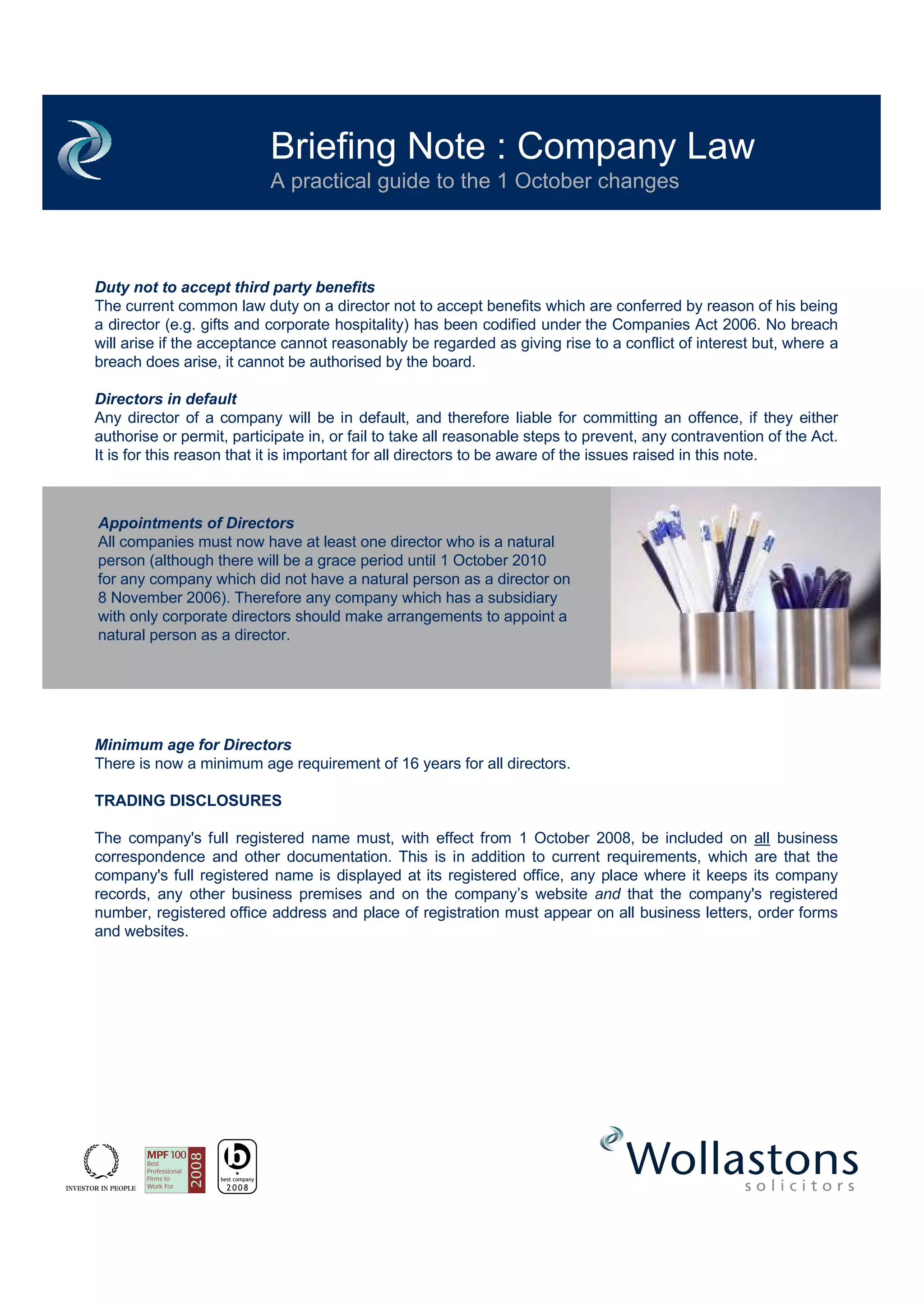 Briefing Note 1 Oct Company Law | PDF