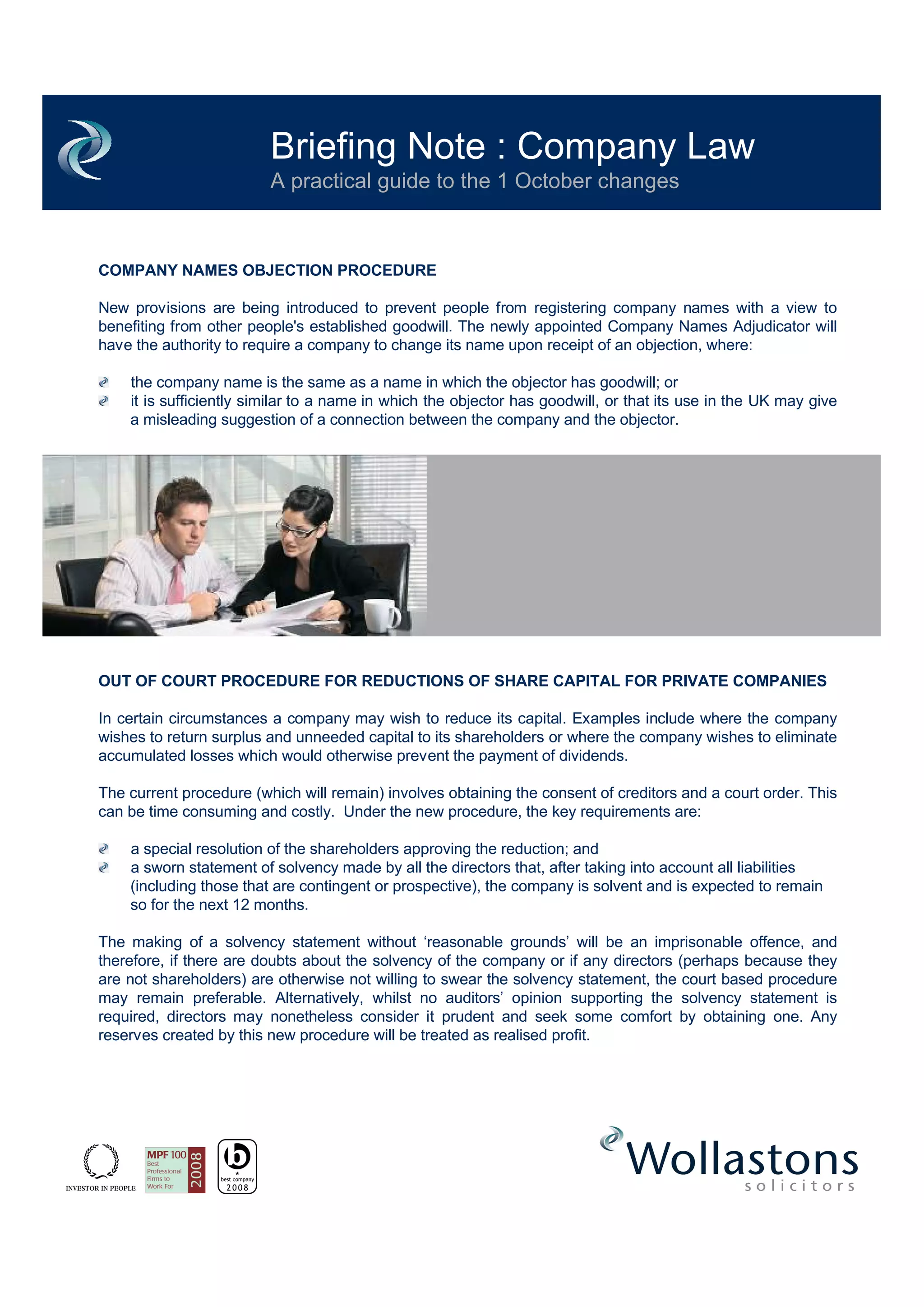 Briefing Note 1 Oct Company Law | PDF