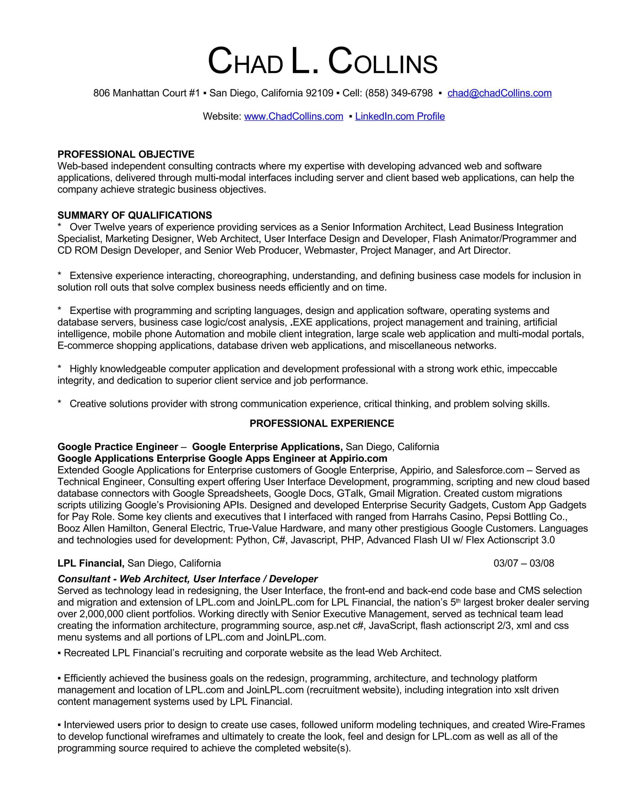 Chad Collins Professional Resume | RTF