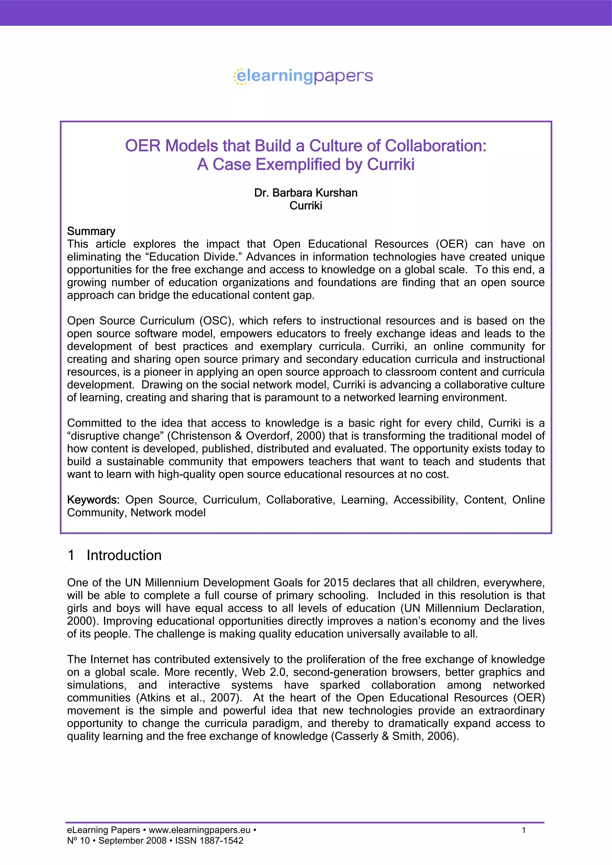 OER Models that Build a Culture of Collaboration: A Case Exemplified by Curriki | PDF