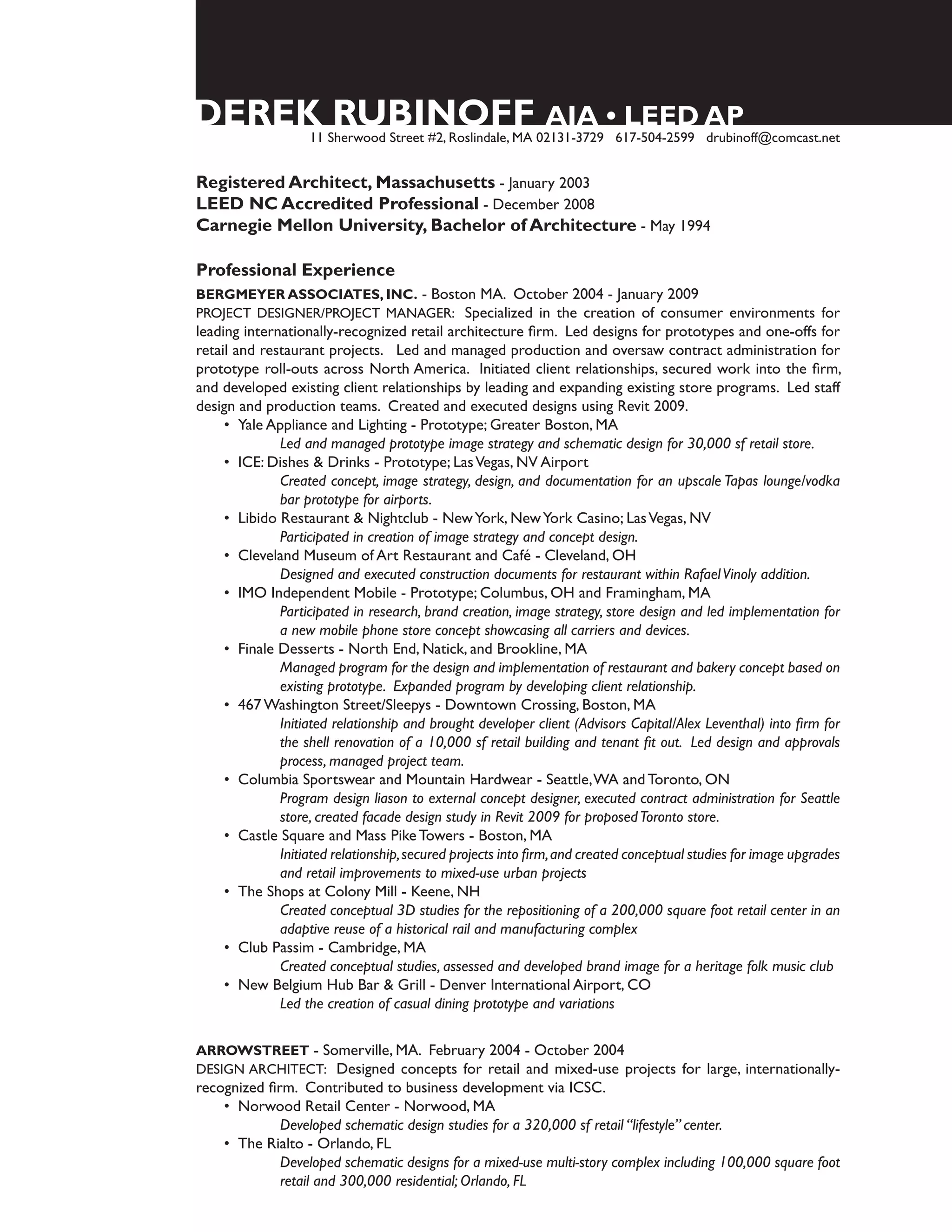 Derek Rubinoff Resume 01 2009 | PDF | Civil Engineering Industry | Industries