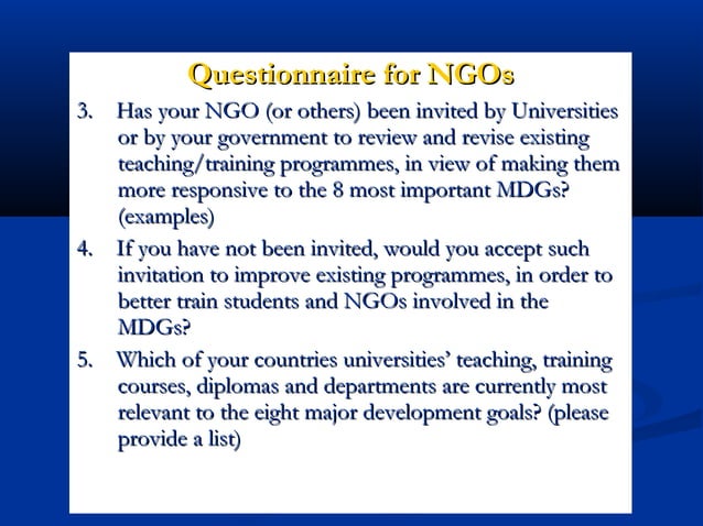 NGO Questionnaire Presentation for implementation of MDGs | PPT