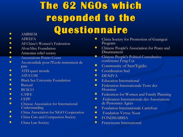 NGO Questionnaire Presentation for implementation of MDGs | PPT