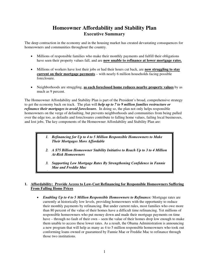 Ejecutive Summary Affordability And Stability Plan