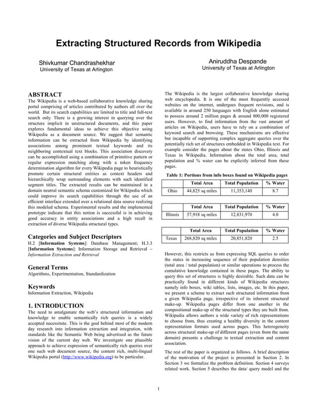 Extracting Structured Records From Wikipedia | PDF