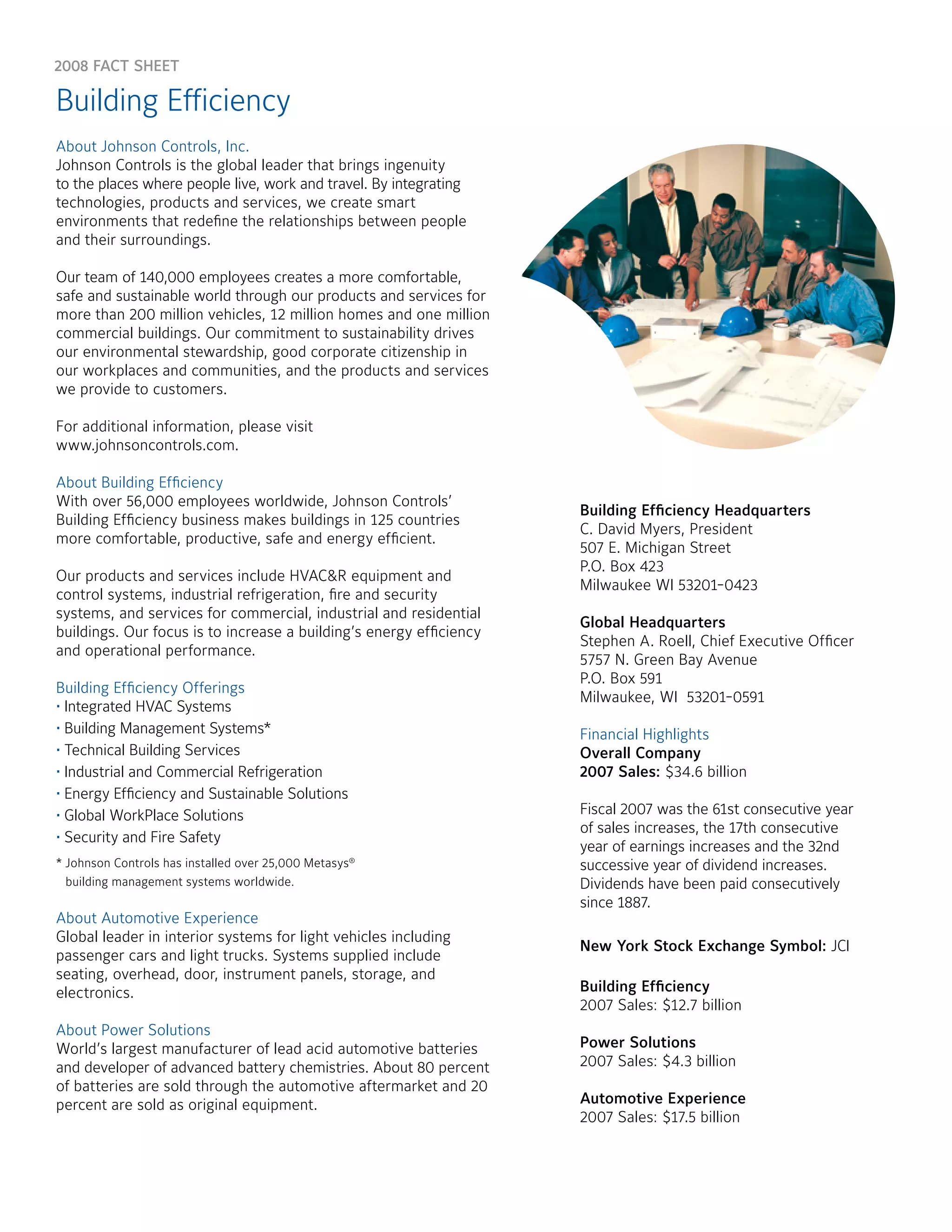 Johnson Controls - Building Efficiency Fact Sheet | PDF