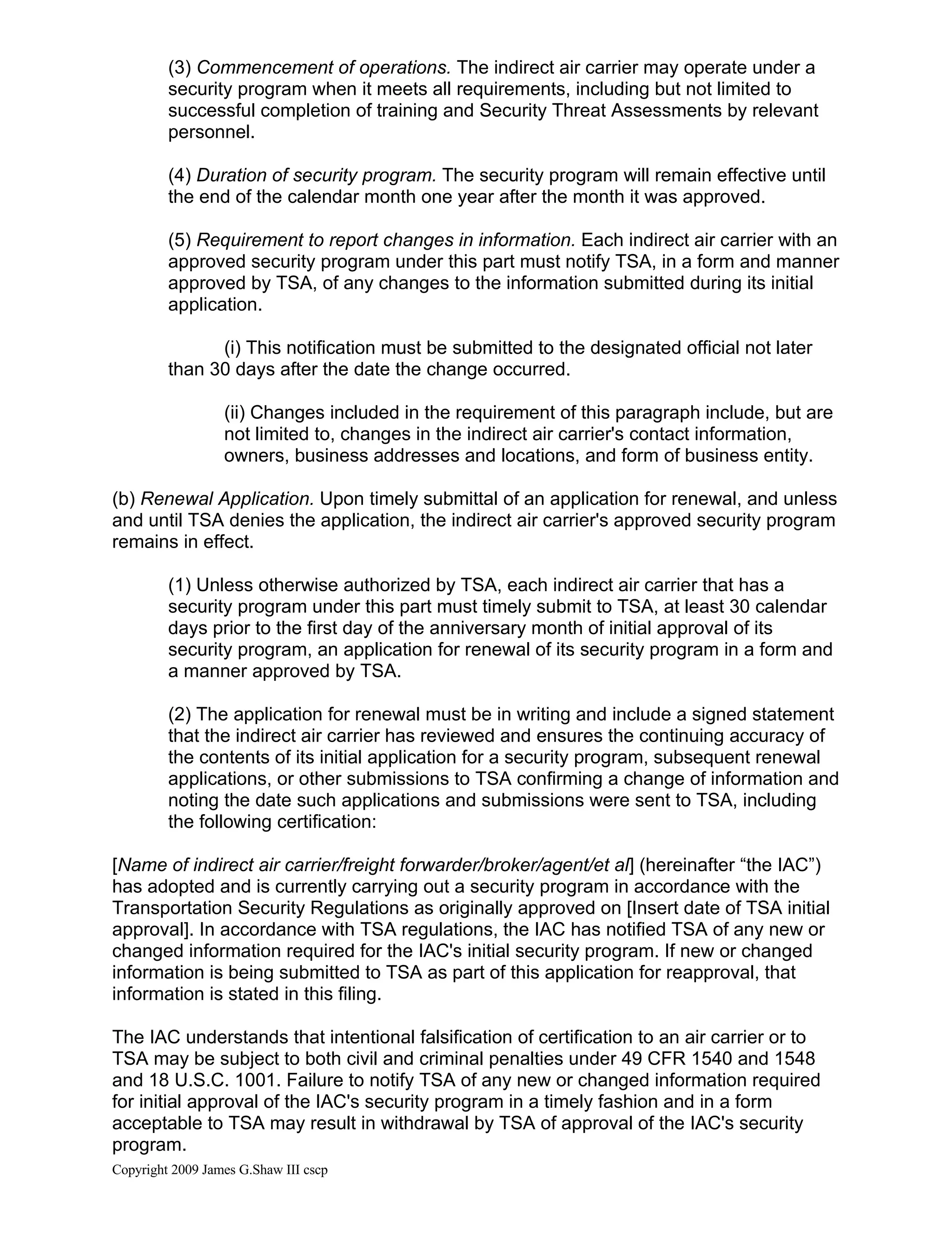 KNOWN SHIPPER SECURITY PROGRAM | DOC