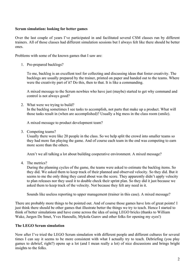 Lego For Extended Scrum Simulation | PDF