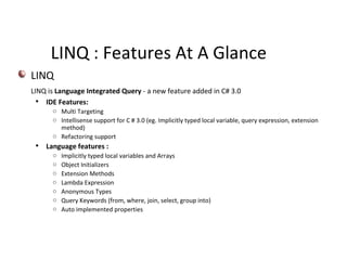 Linq in C# 3.0: An Overview | PPT