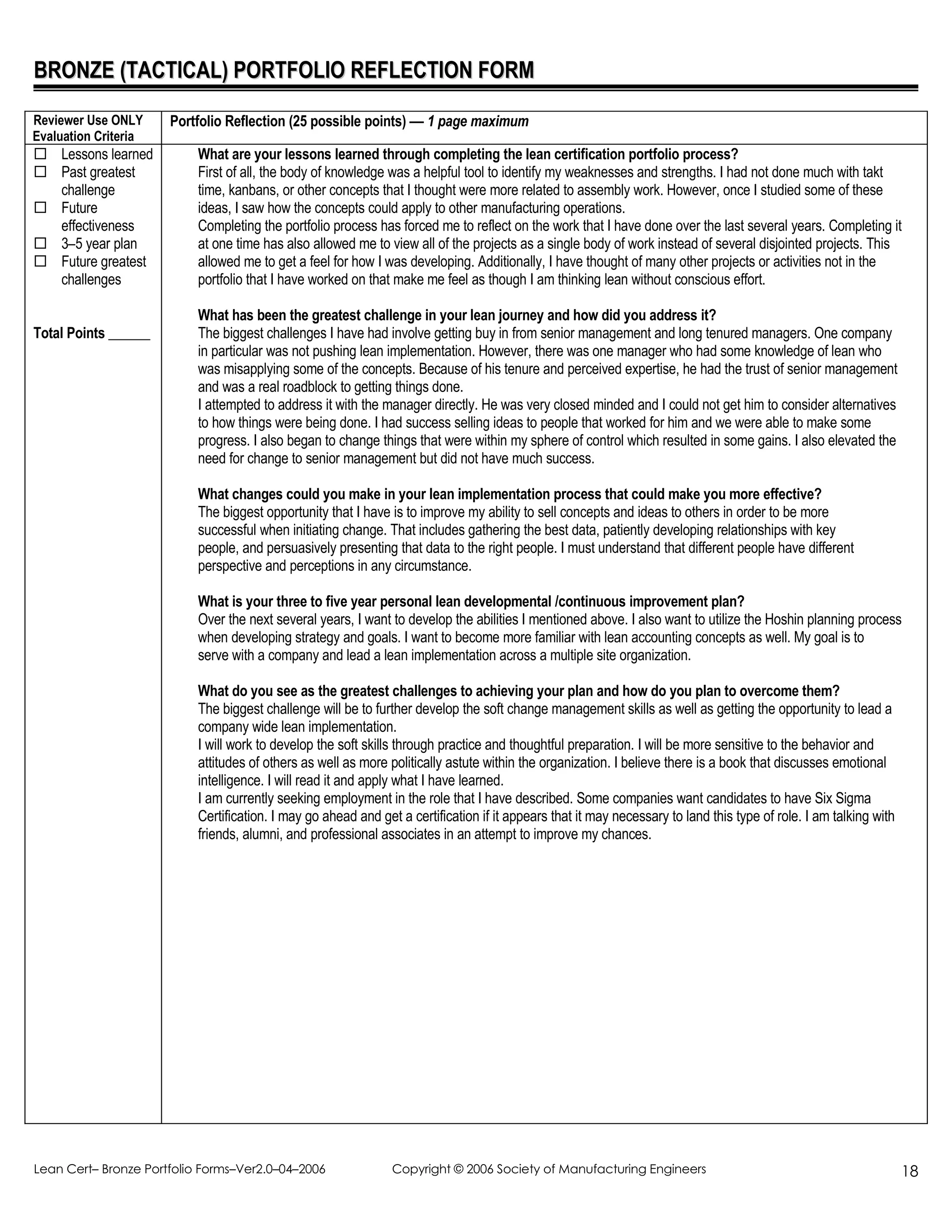 Lean Cert Bronze Portfolio Forms Van Sant | DOC