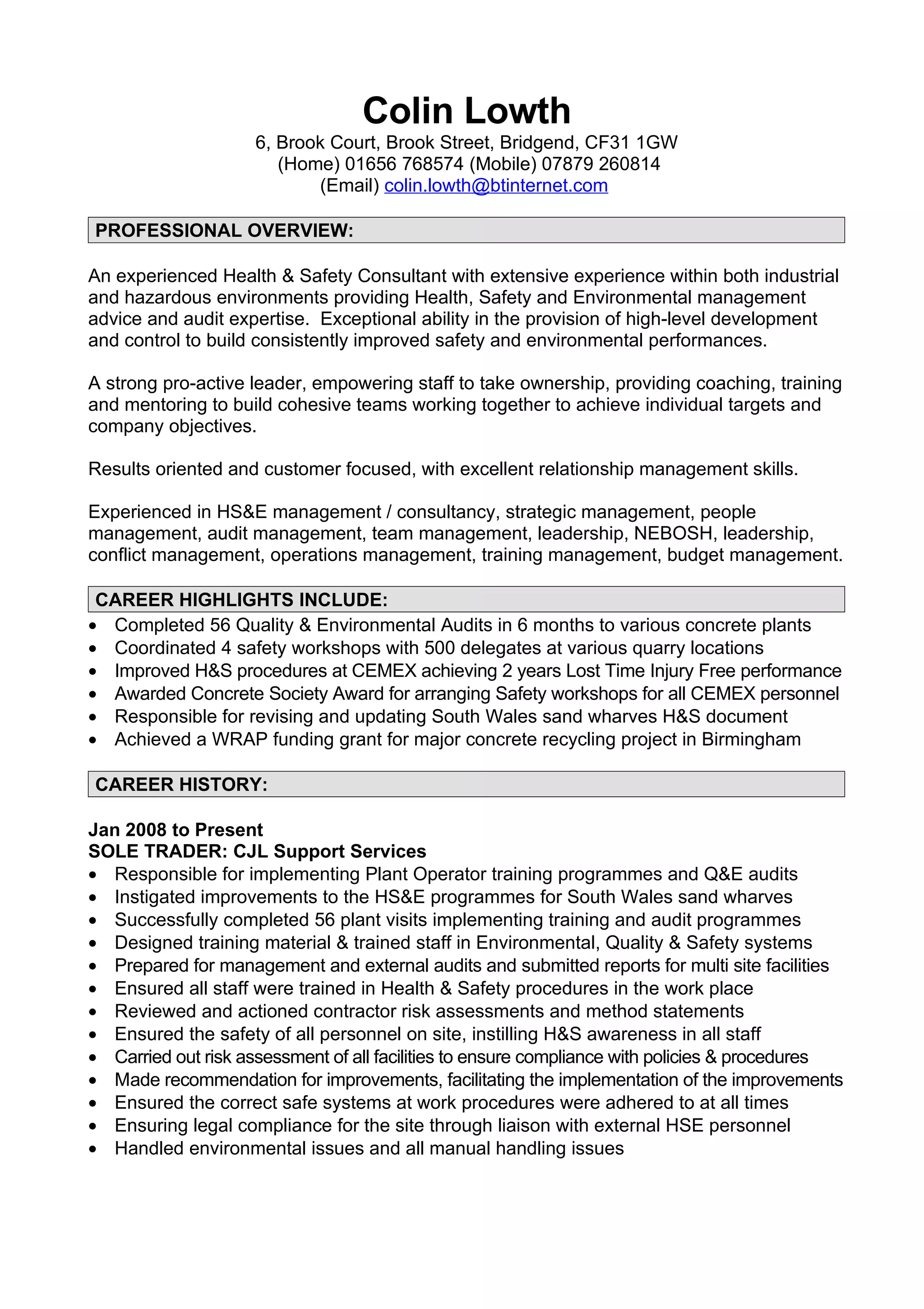 Lowth Colin Cv | PDF