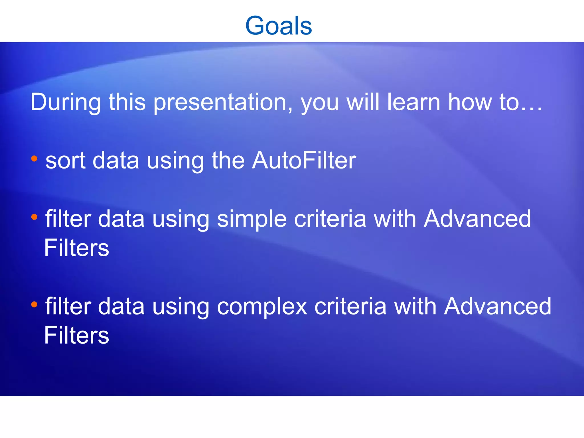 Microsoft Office Excel 2003 Sorting And Filtering | PPT