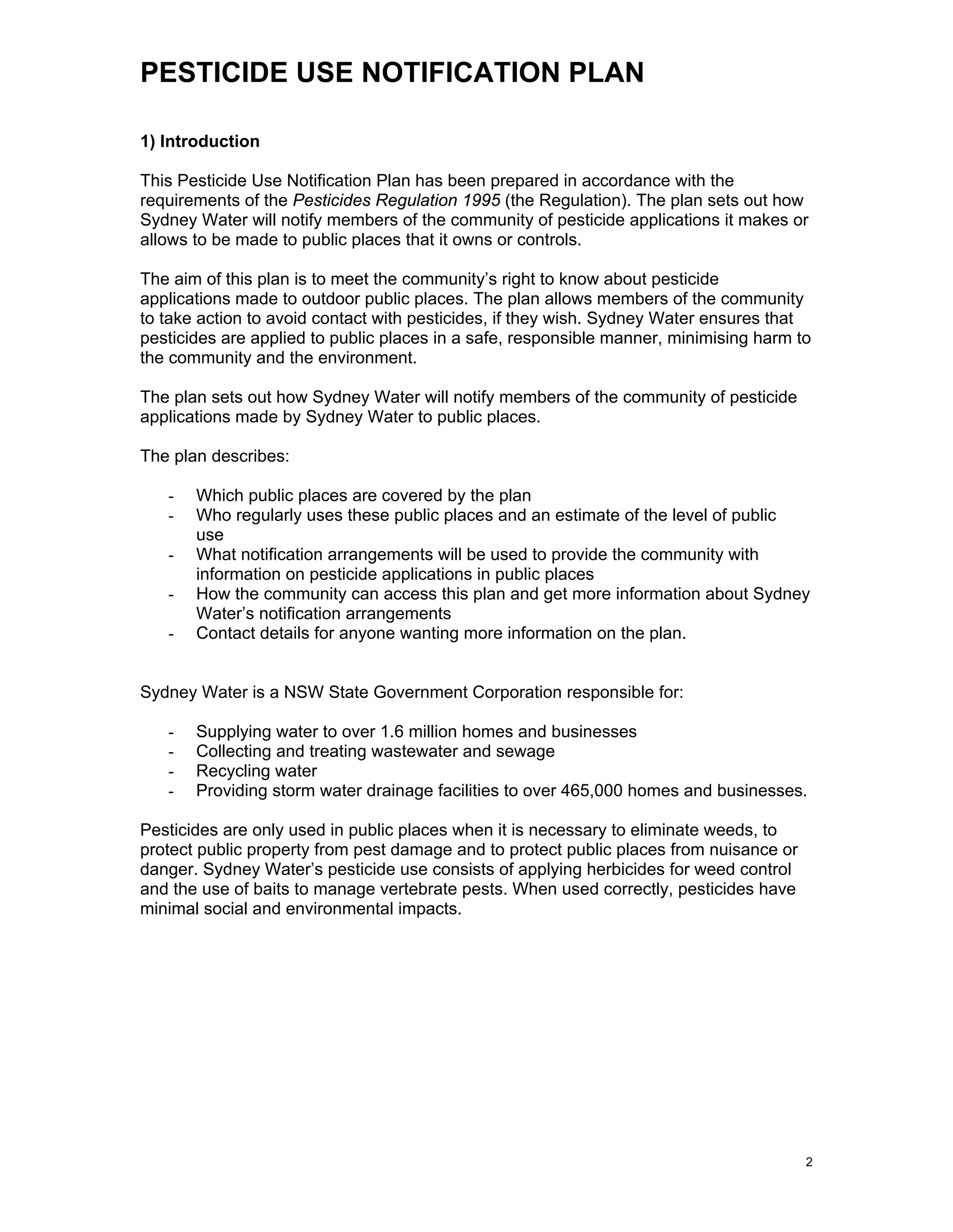 Sydney Water Pesticide Use Notification Plan | PDF