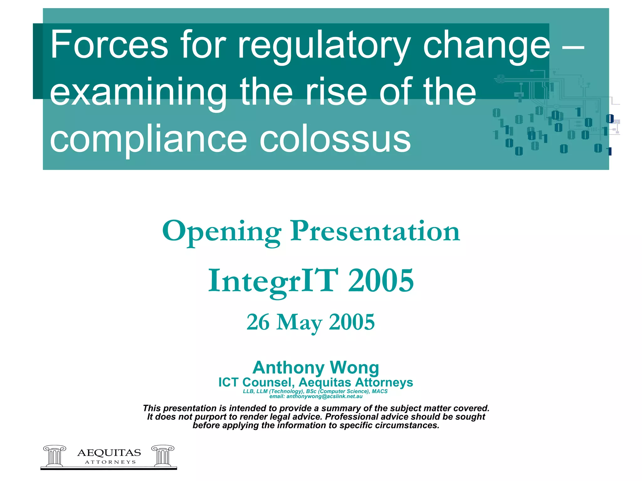 Session One Forces For Regulatory Change Anthony Wong | PPT