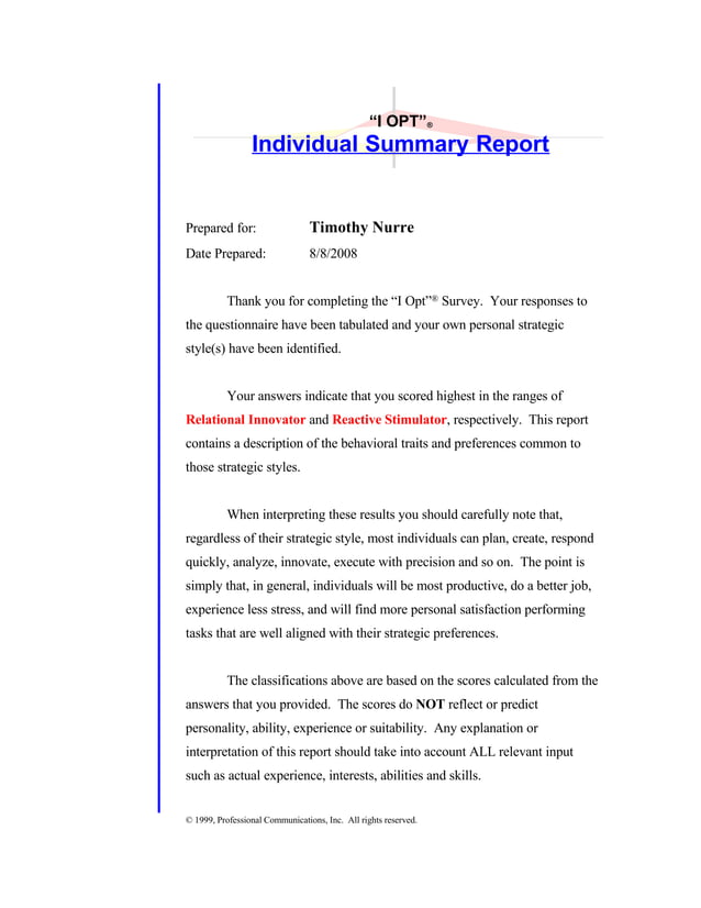 I-Opt Report: Professional personality report | PDF