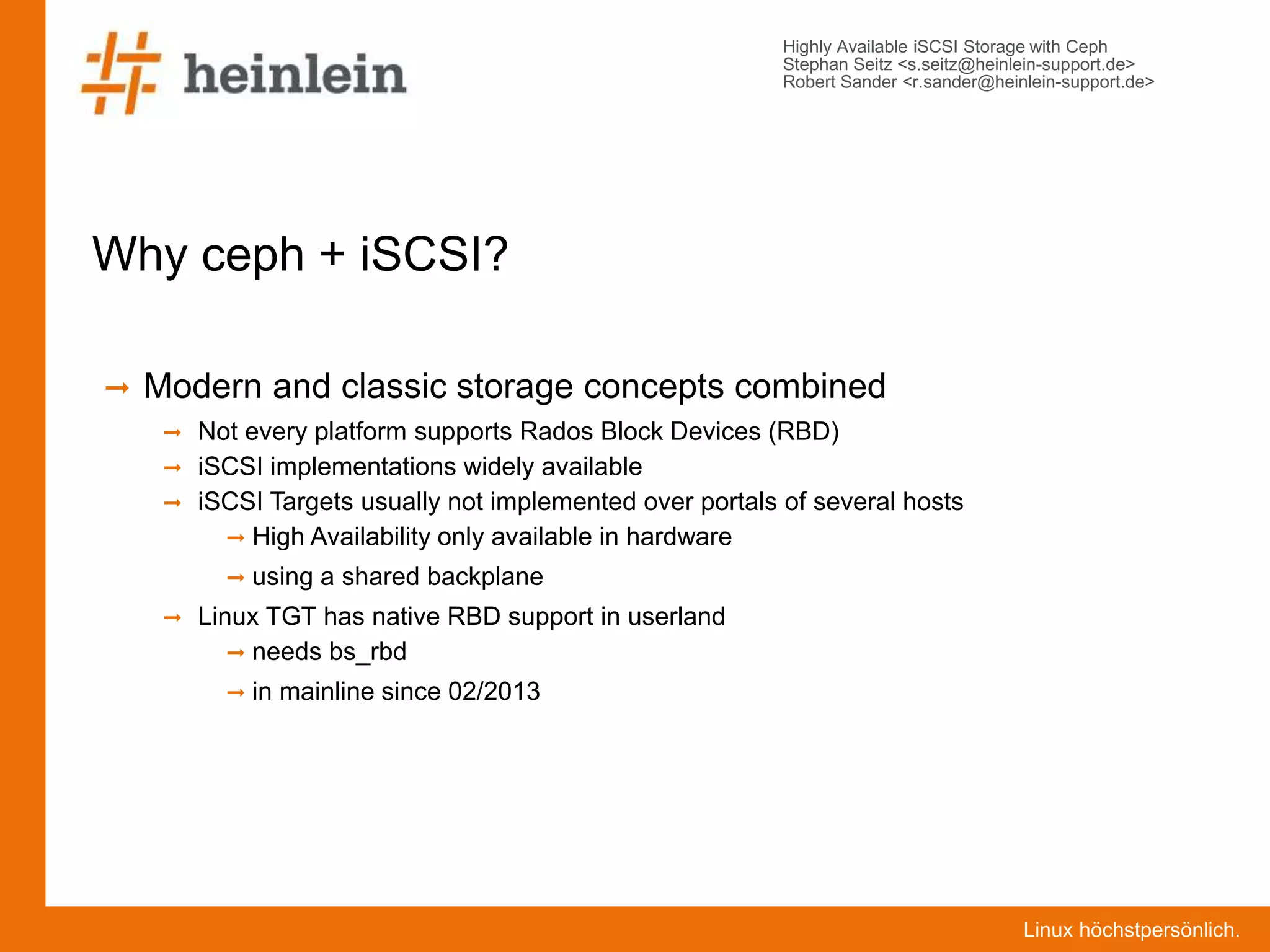 Ceph Day Berlin: Ceph and iSCSI in a high availability setup | PPT