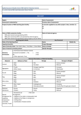 Quality control audit for RMC Plants | PDF